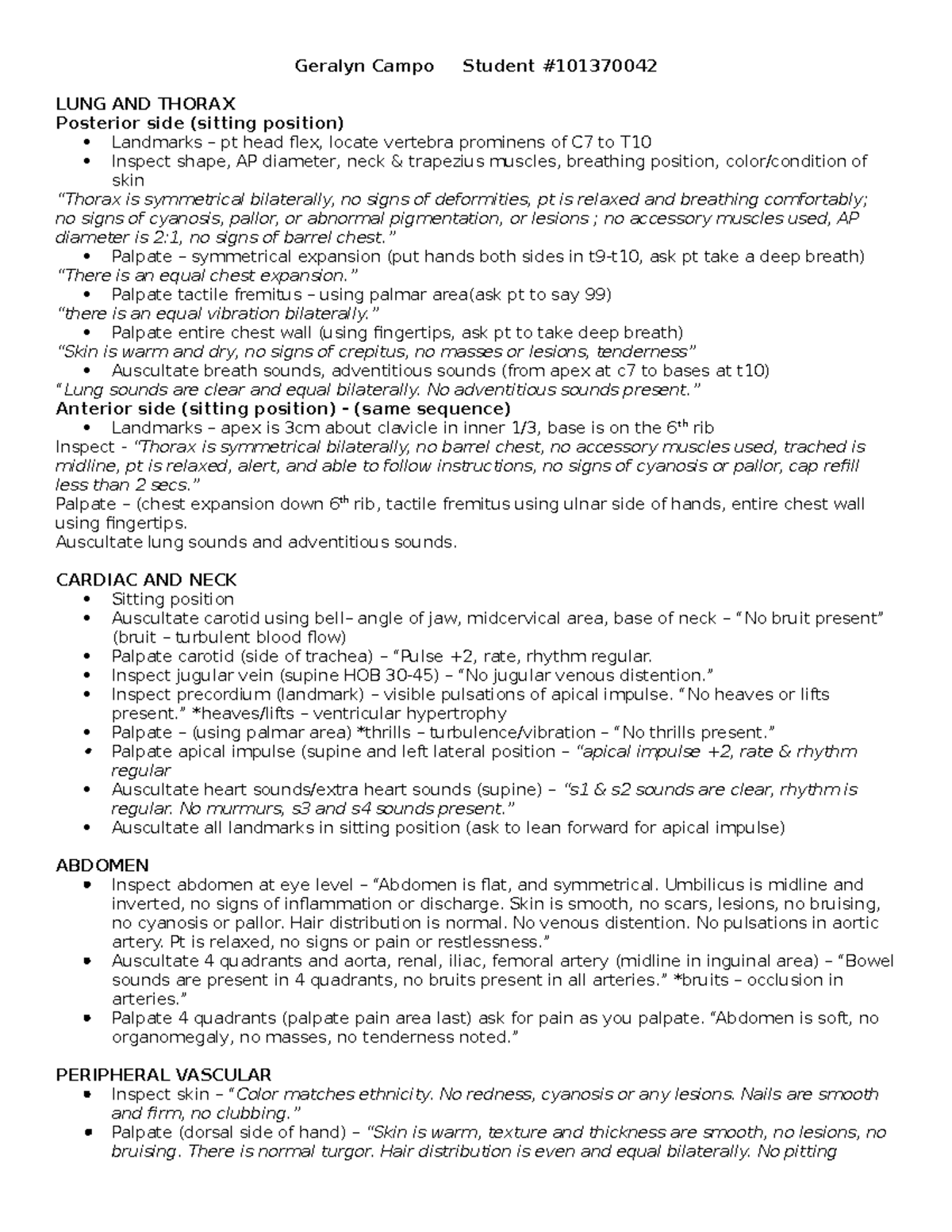 Health assessment return demo cheat sheet - Geralyn Campo Student ...