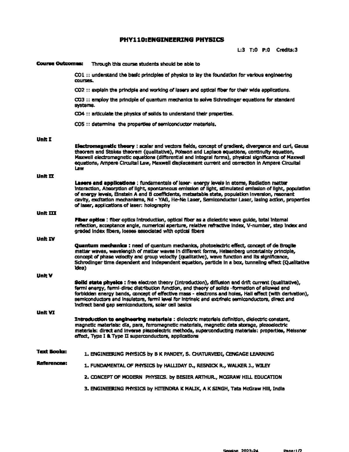 PHY110- Syllabus - Engineering Physics - Studocu