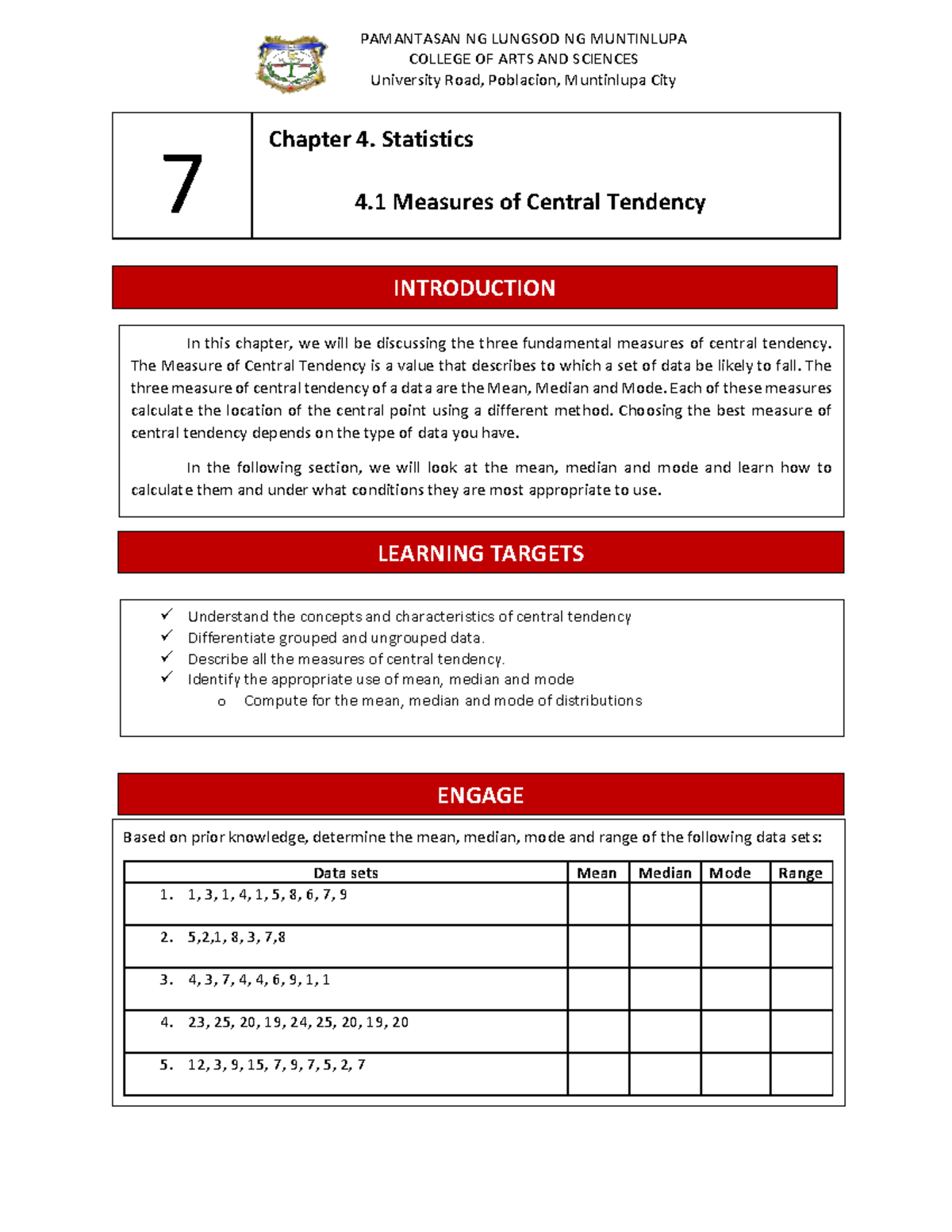 Module 7. Measure of central tendency - COLLEGE OF ARTS AND SCIENCES ...