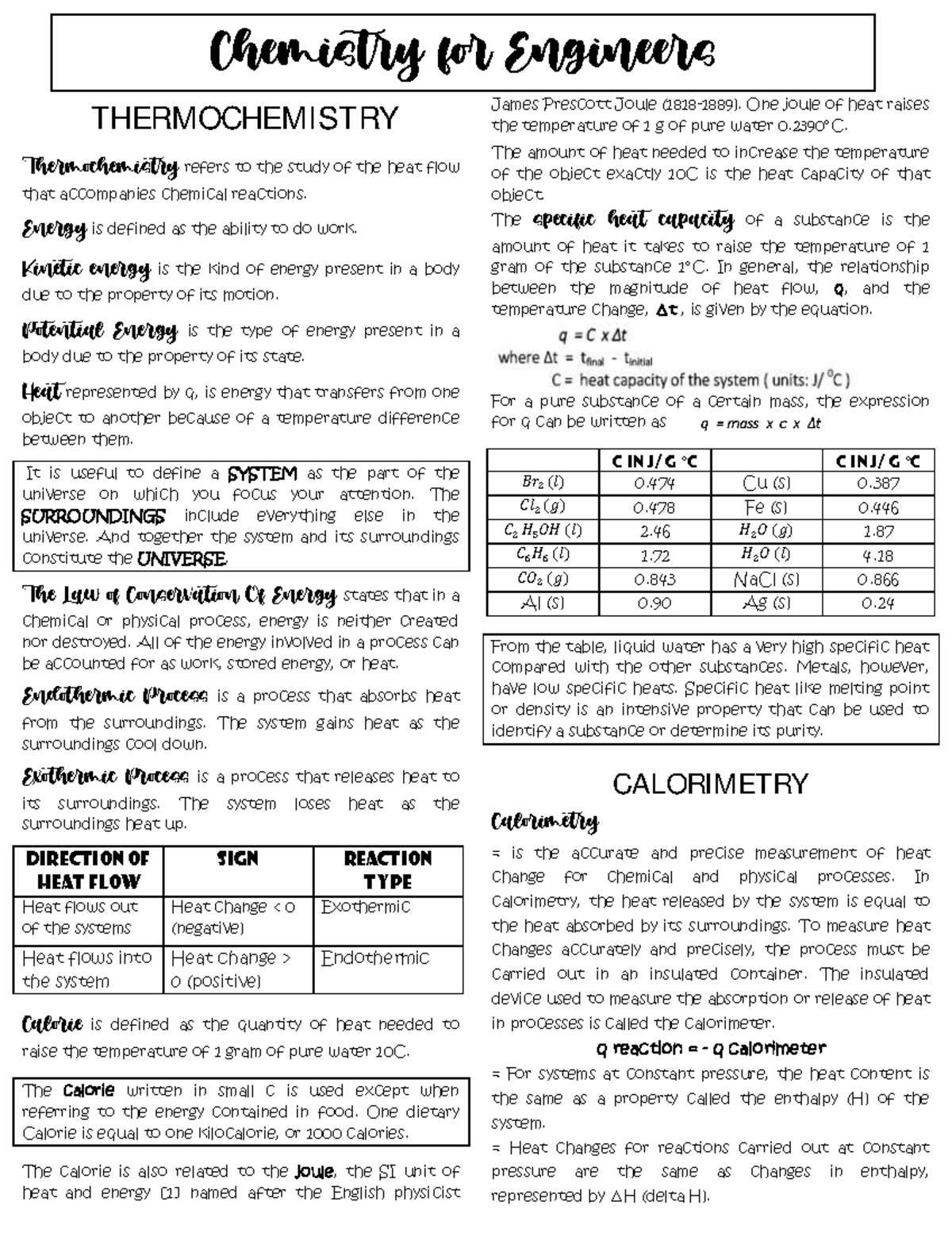 Chemistry for engineers notes - THERMOCHEMISTRY Thermochemistry refers ...