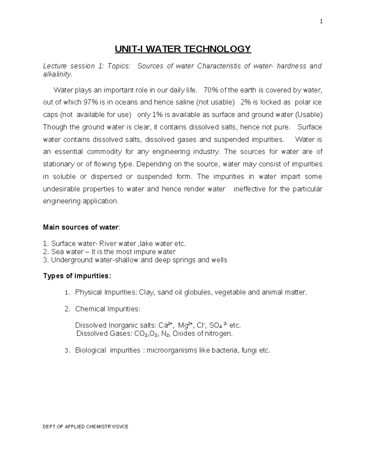 Unit I - Water Technology - 1 UNIT-I WATER TECHNOLOGY Lecture session 1 ...