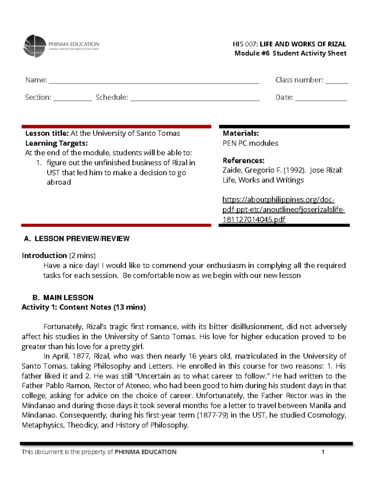 SAS 6 HIS 007 - sas 6 - Module # 6 Student Activity Sheet Name: - Studocu