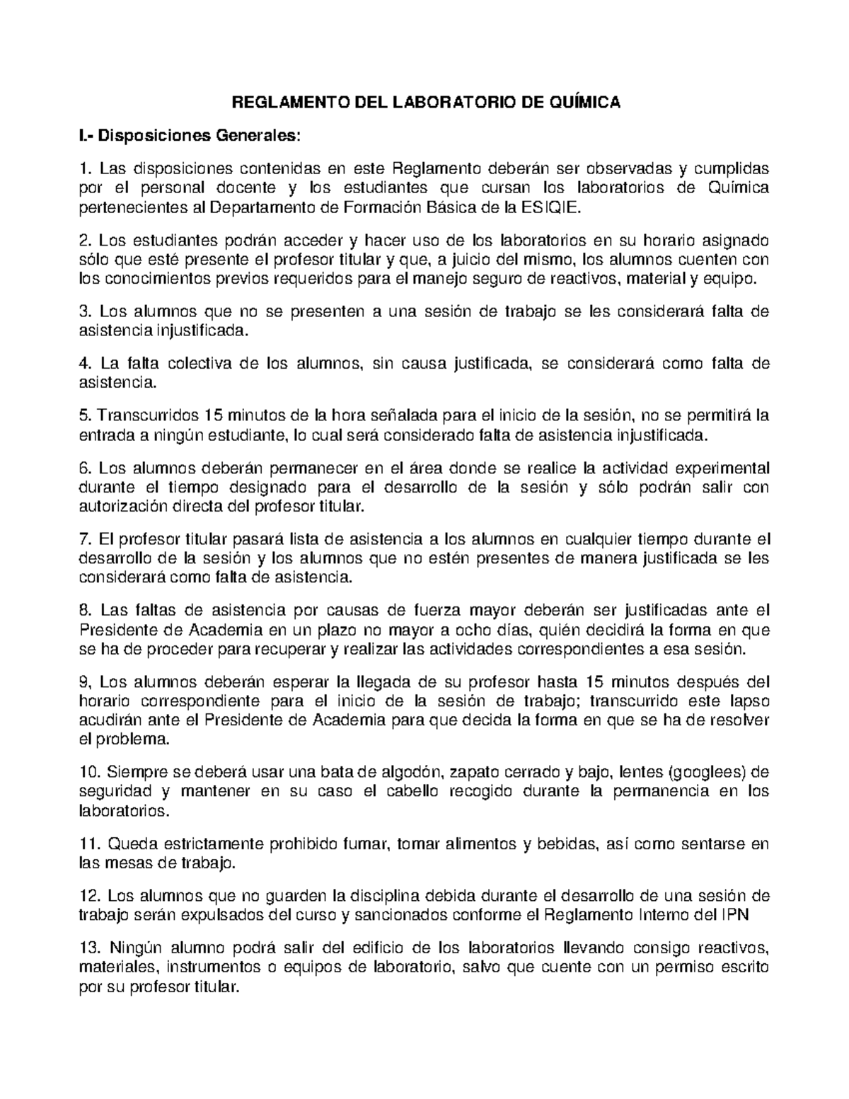P7 APrevias 1IM2 - REGLAMENTO DEL LABORATORIO DE QUÍMICA I.- Disposiciones Generales: 1. Las ...