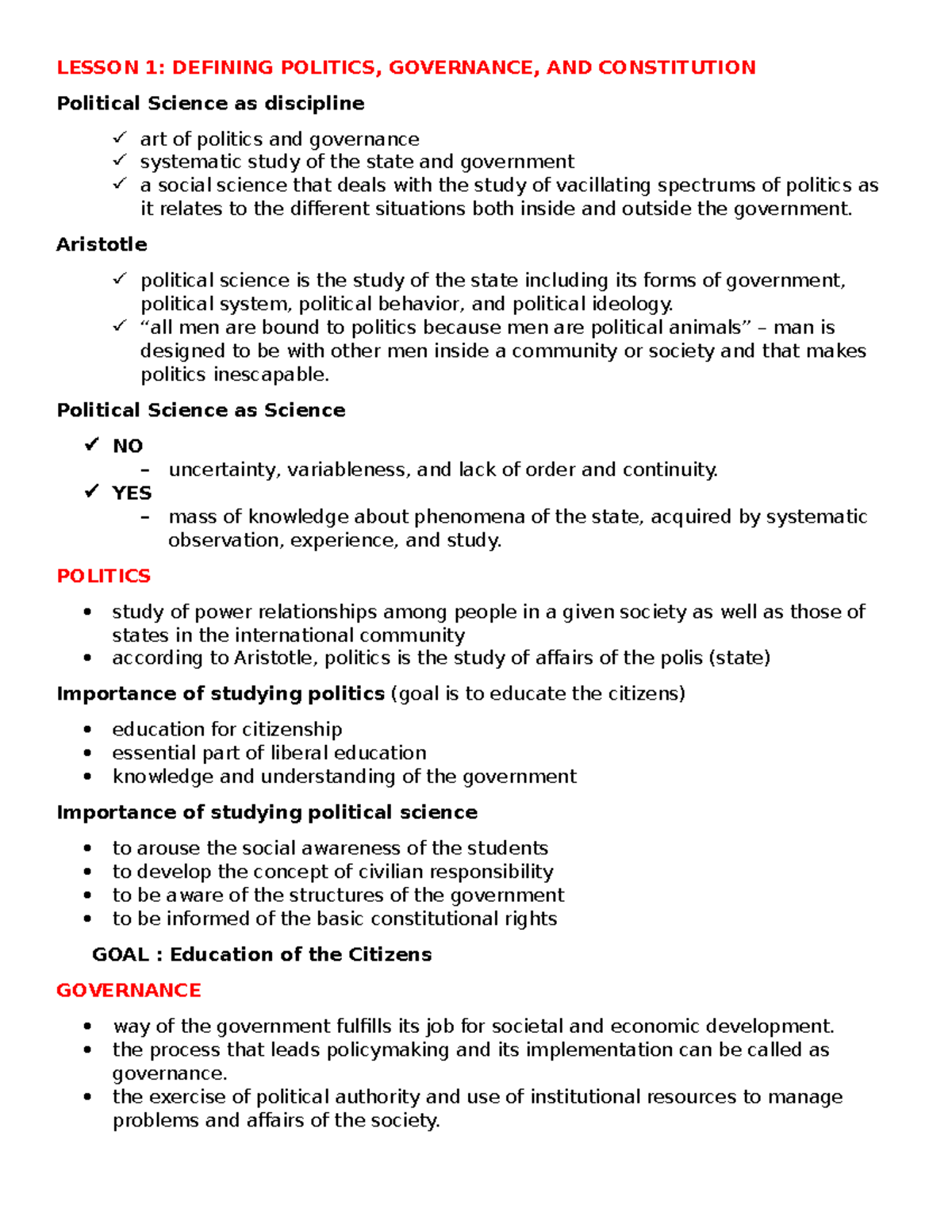 Pol Gov Reviewer - LESSON 1: DEFINING POLITICS, GOVERNANCE, AND ...