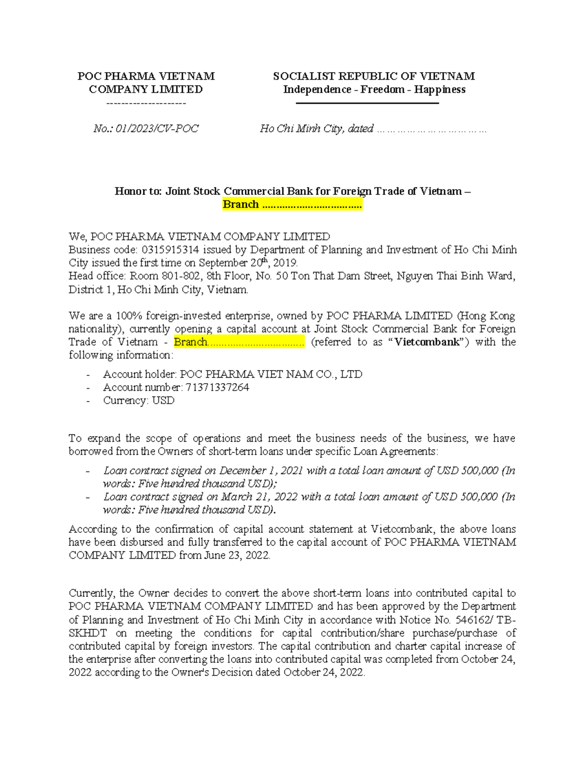 POC I Letter for Vietcombank - POC PHARMA VIETNAM COMPANY LIMITED - No ...
