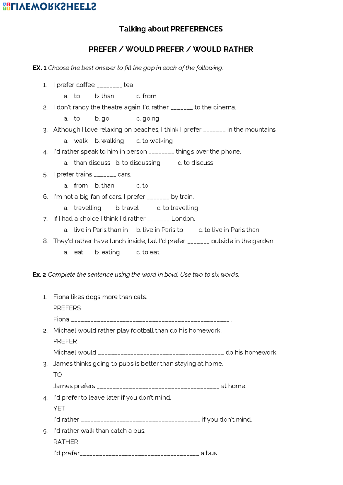 Preferences Worksheet - Talking about PREFERENCES PREFER / WOULD PREFER ...
