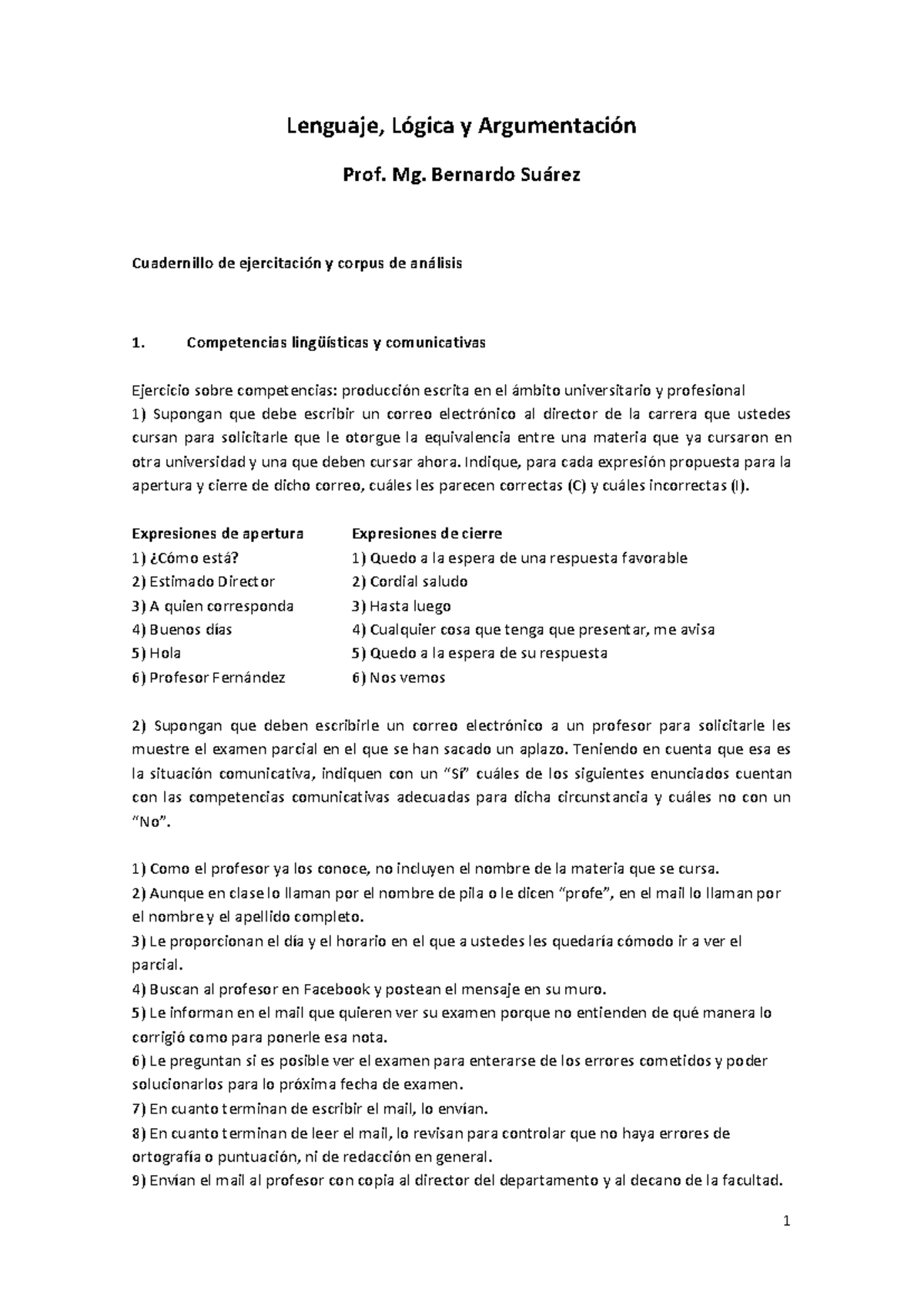Lenguaje cuadernillo ejercitación - Lenguaje, Lógica y Argumentación Prof. Mg. Bernardo Suárez ...