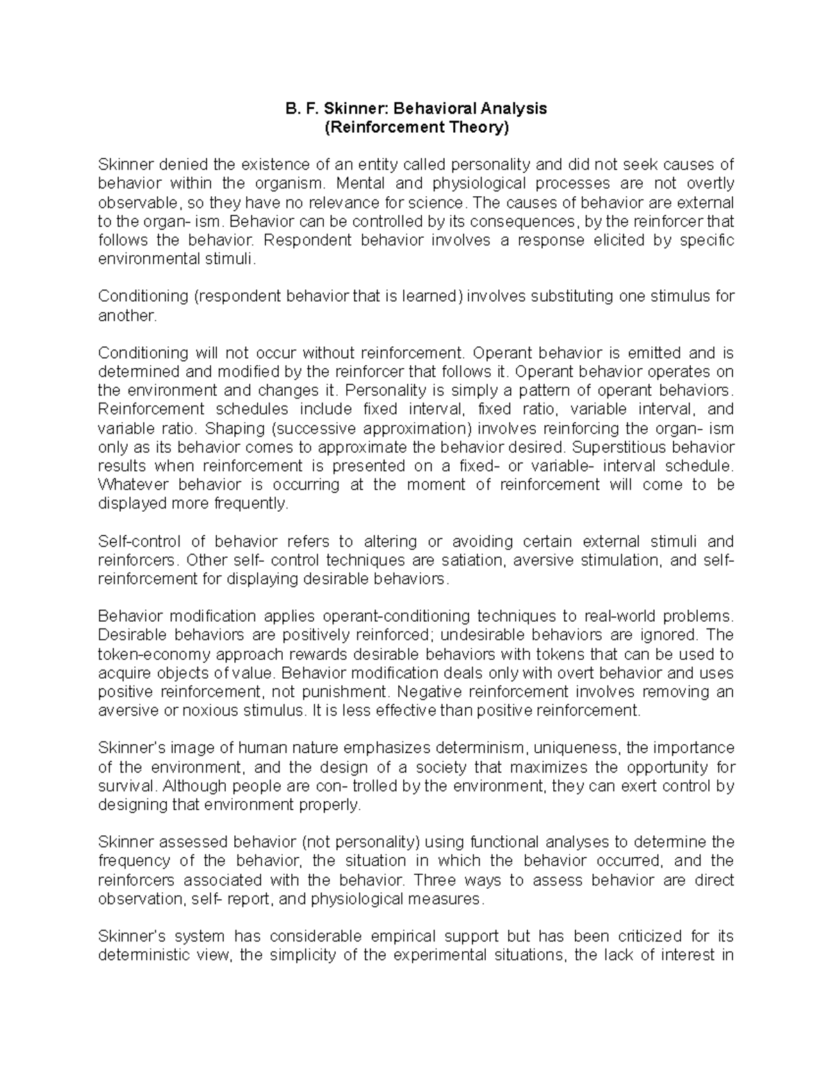 Theories of Personality - B.F. Skinner - B. F. Skinner: Behavioral ...