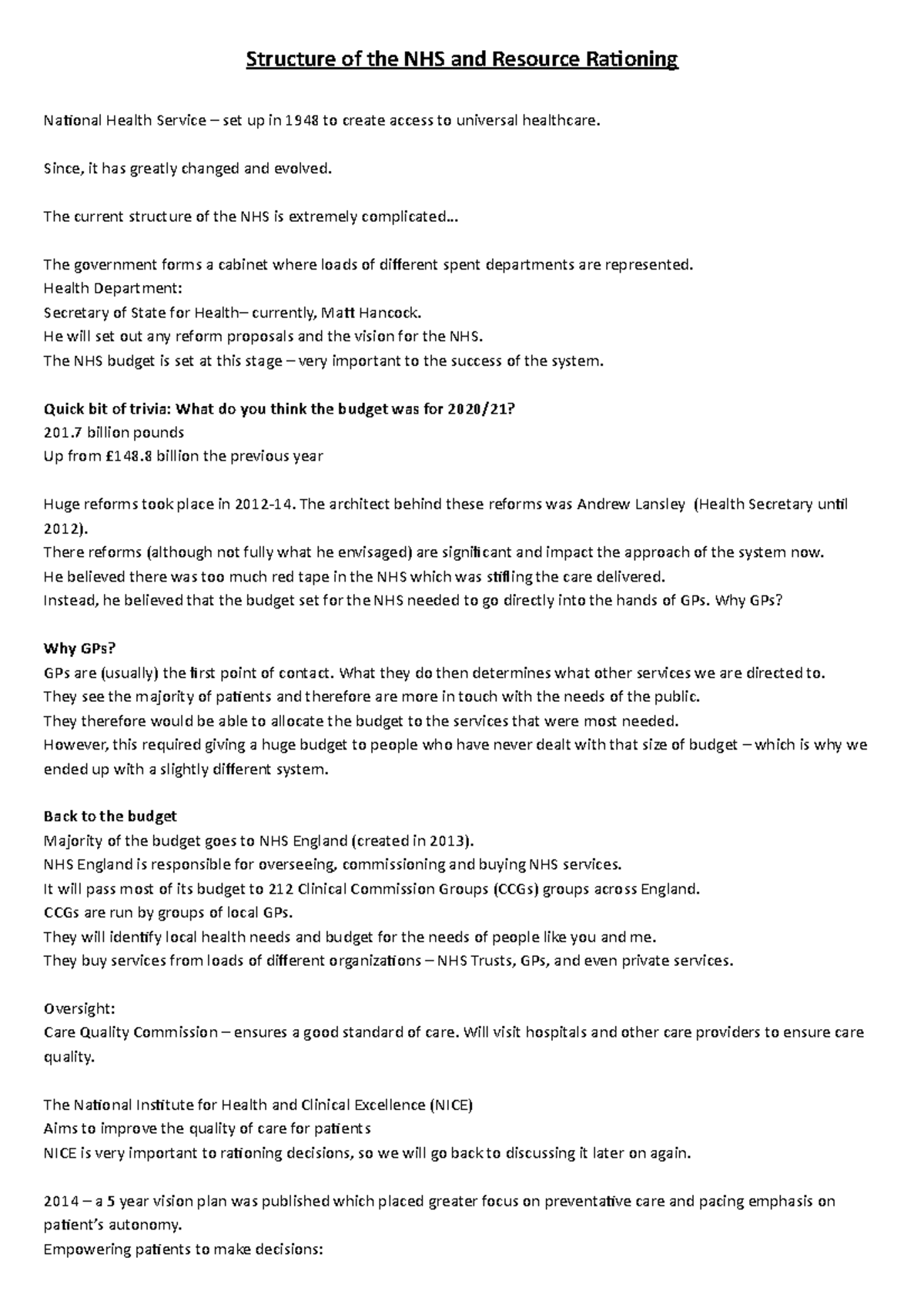 Medical - Week 3 - Lecture 3 - the NHS - Structure of the NHS and ...