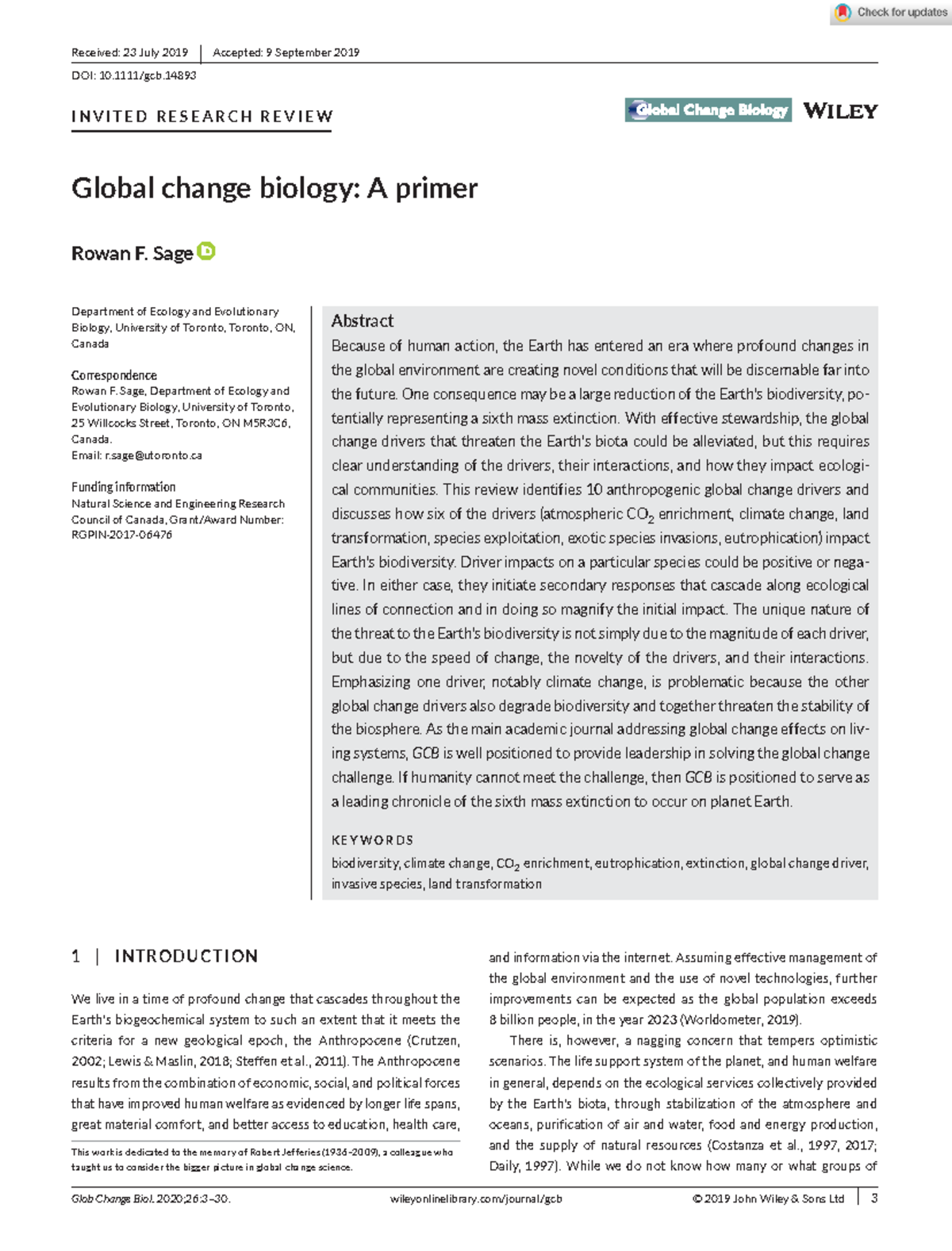 Global Change Biology - 2019 - Sage - Global change biology A primer ...