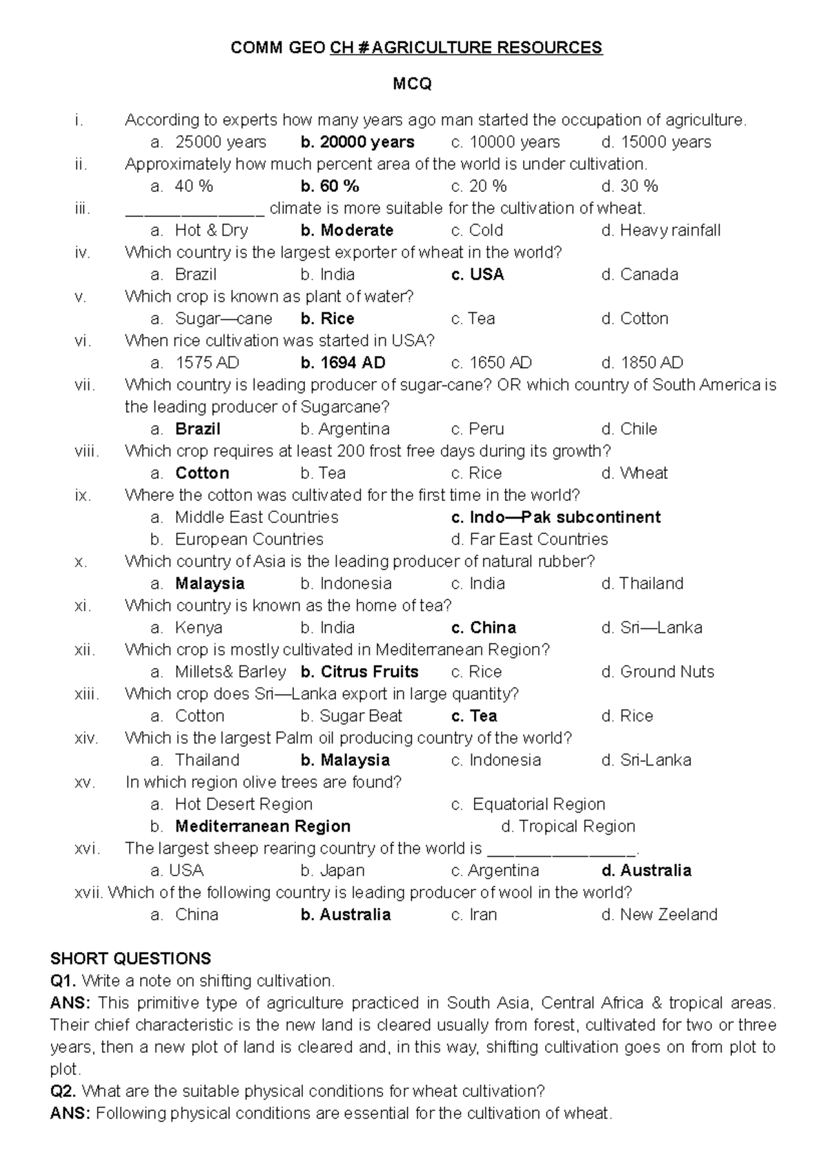 CH#8 Agriculture - Hshshd - COMM GEO CH # AGRICULTURE RESOURCES MCQ i ...