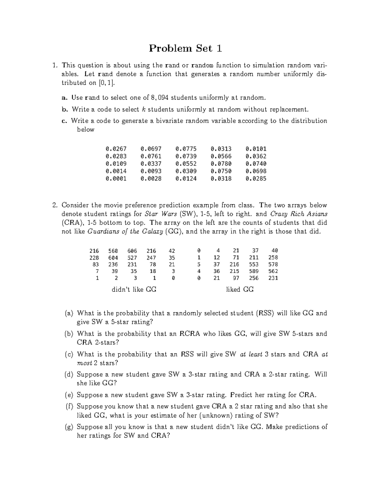 Hw1 fall18 - ..................... - Problem Set 1 This question is about using the rand or ...