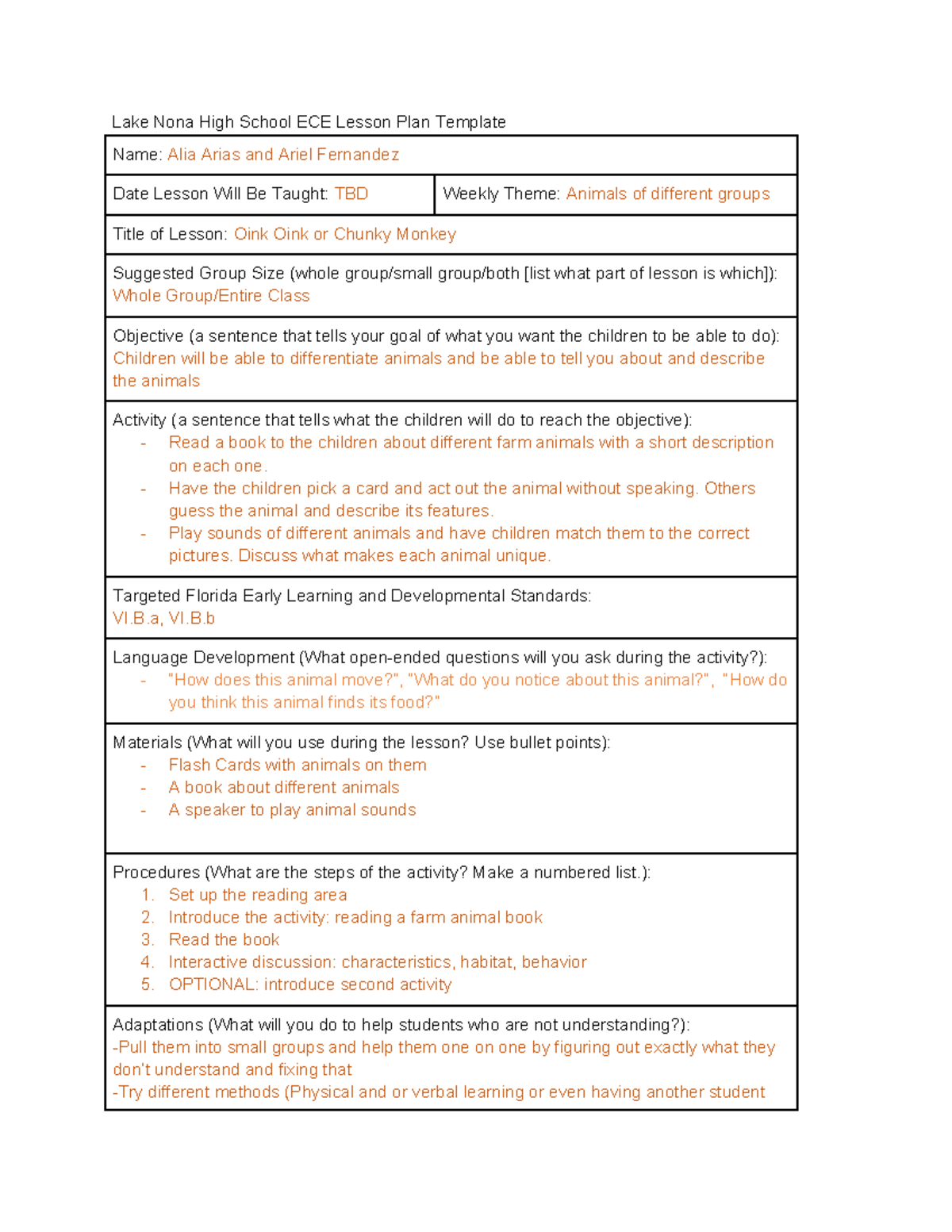 ECE Lesson Plan Template - Lake Nona High School ECE Lesson Plan ...