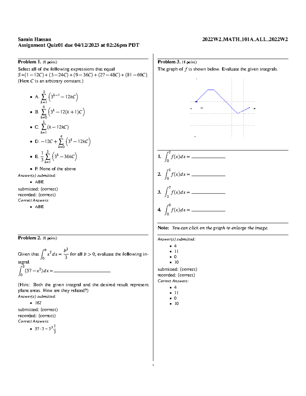 2022W2 MATH 101 A ALL 2022W2 - Samin Hassan 2022W2 MATH 101A ALL 2022W Assignment Quiz01 due ...