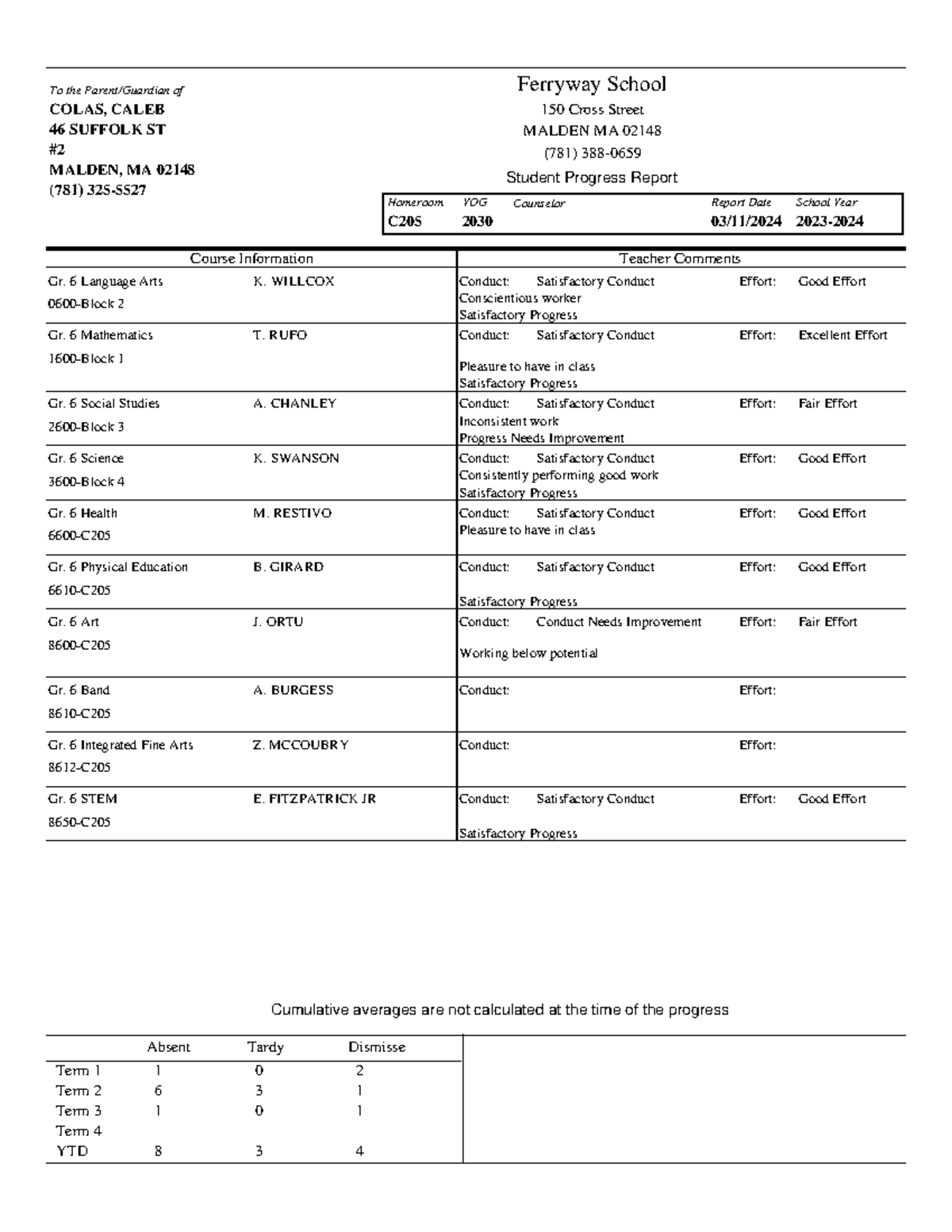 Middle Progress Reports - Course Information Teacher Comments To the ...