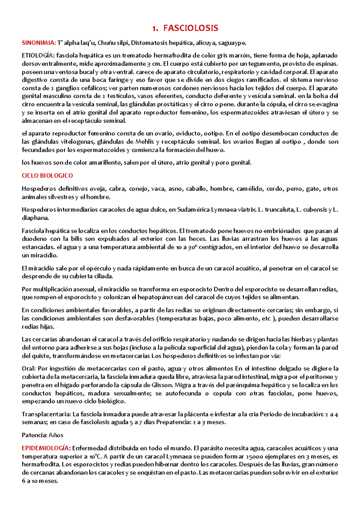 Enfermedades Parasitarias Primer Parcial - 1. FASCIOLOSIS SINONIMIA: T ...