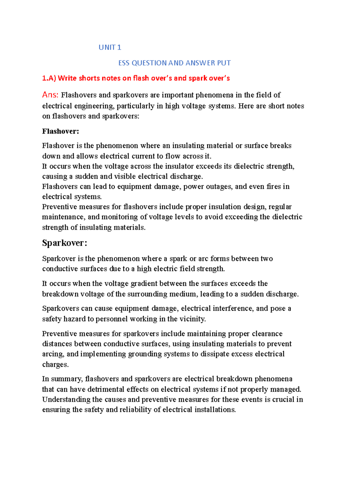 ESS(ELECTRICAL SAFETY AND STANDARDS) NOTES - UNIT 1 ESS QUESTION AND ...