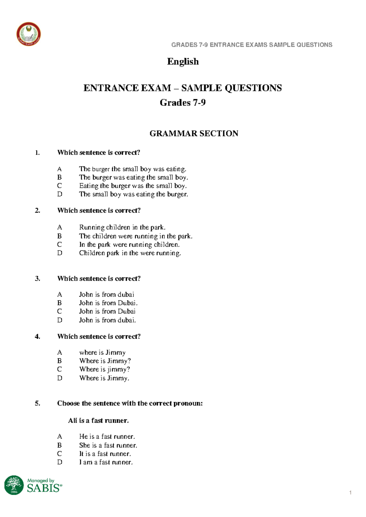 English Grades 7 8 9 Sample Questions 1 English ENTRANCE EXAM