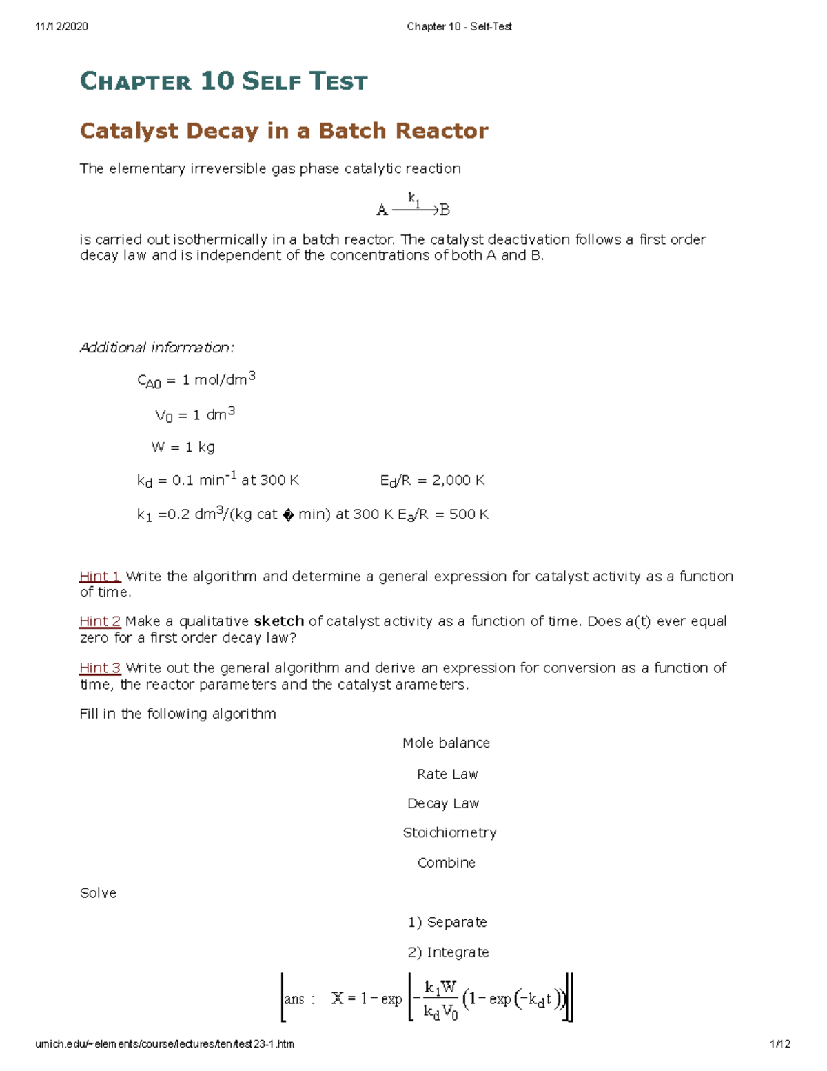 Chapter 10 - Self-Test6 - C 10 S T Catalyst Decay in a Batch Reactor ...