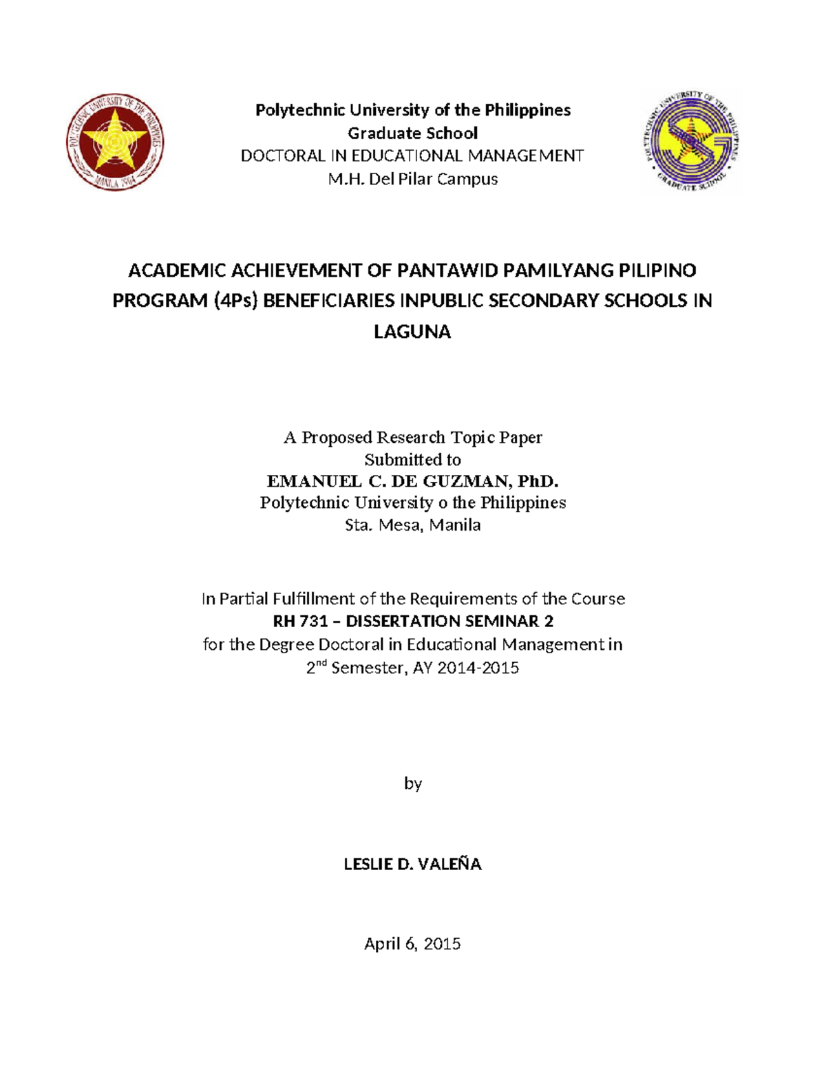 Academic Achievement OF 4Ps beneficiarie - Polytechnic University of ...