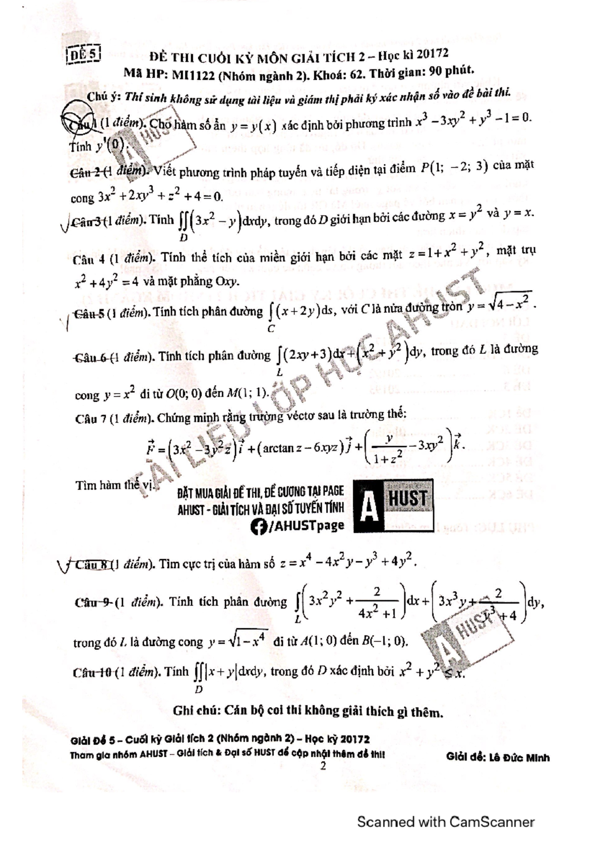 đề CK GT2 - bài tập - Giải tích 2 - Studocu