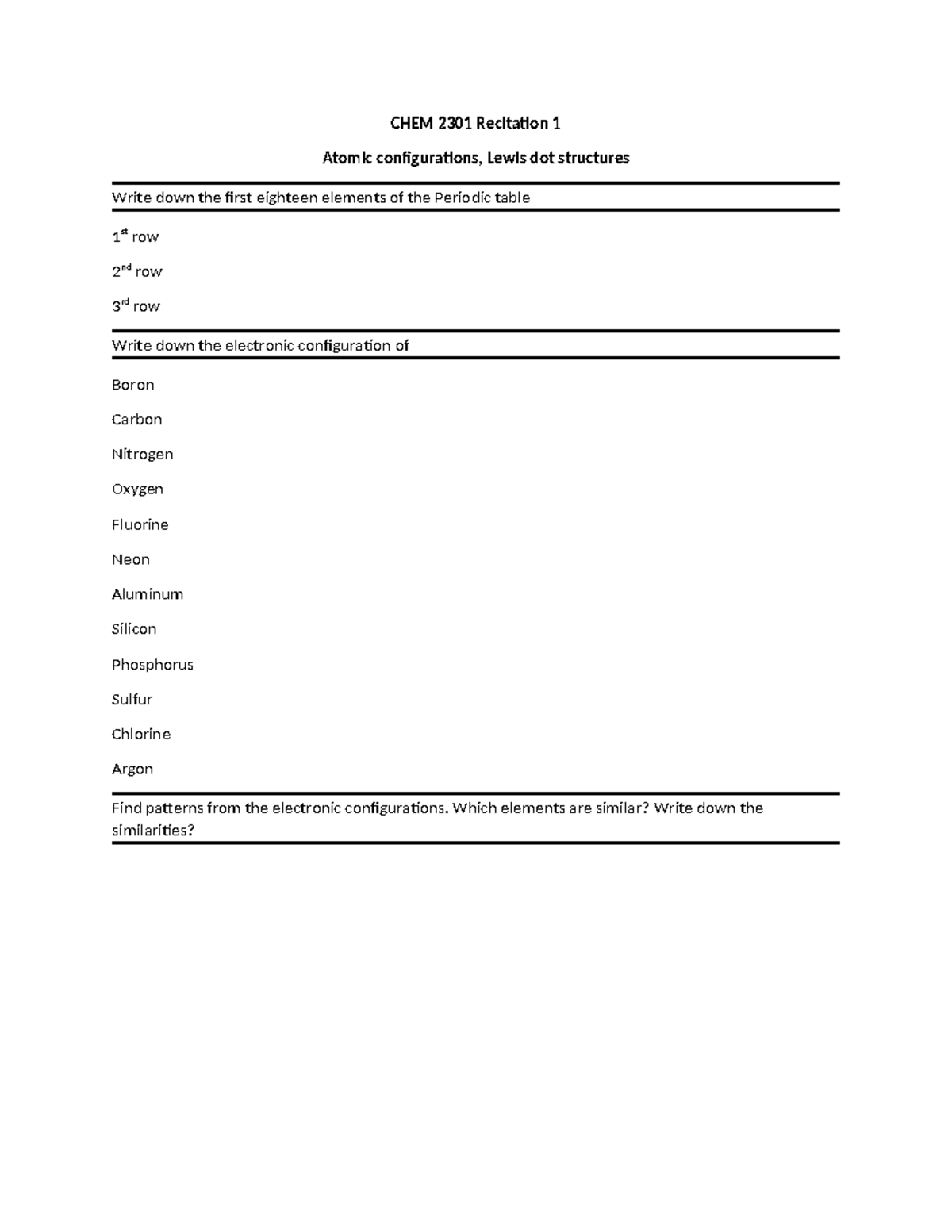 Chem 2301 Recitation 1 Chem 2301 Recitation 1 Atomic Configurations Lewis Dot Structures