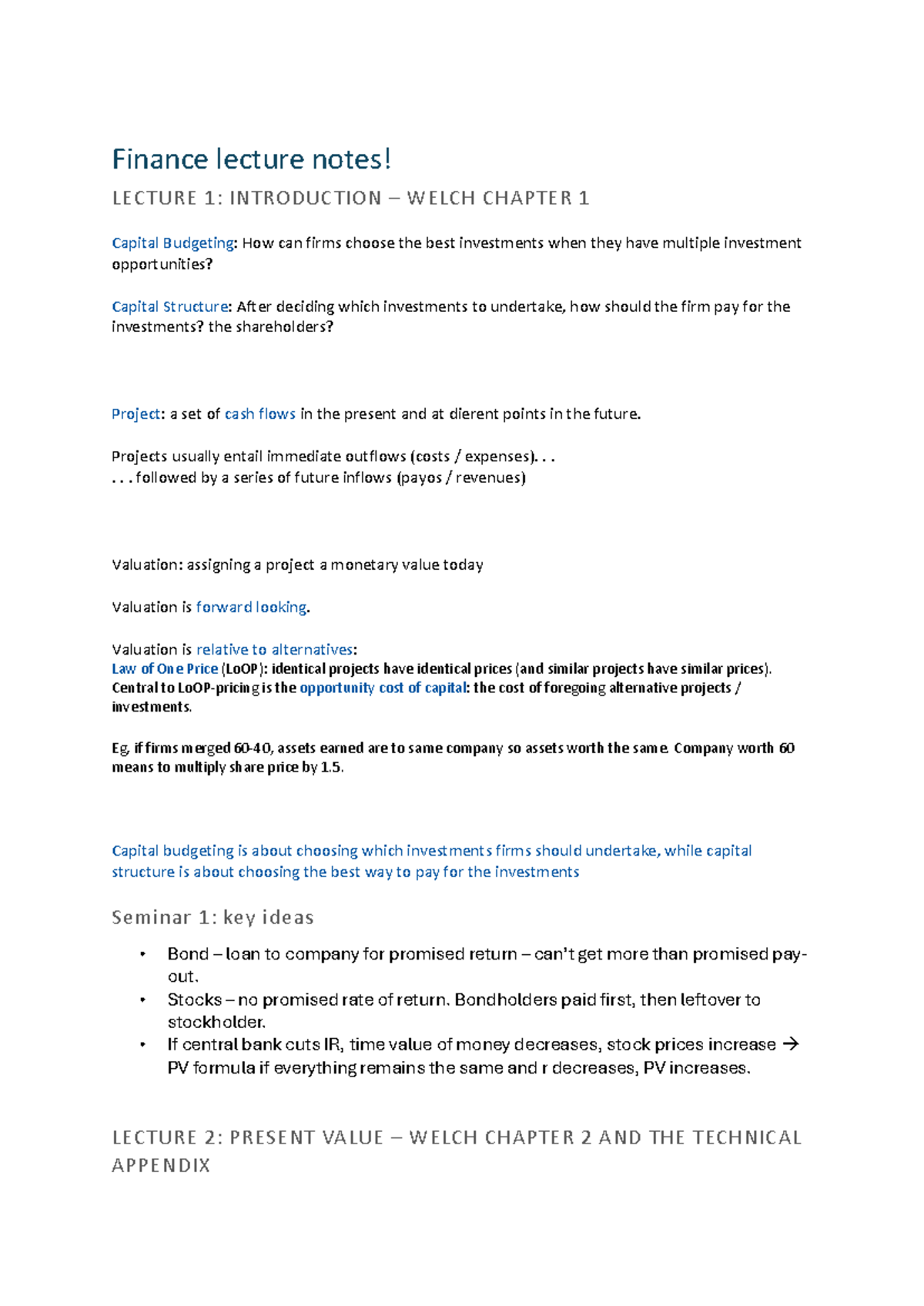 Finance Notes - Finance lecture notes! LECTURE 1: INTRODUCTION – WELCH ...