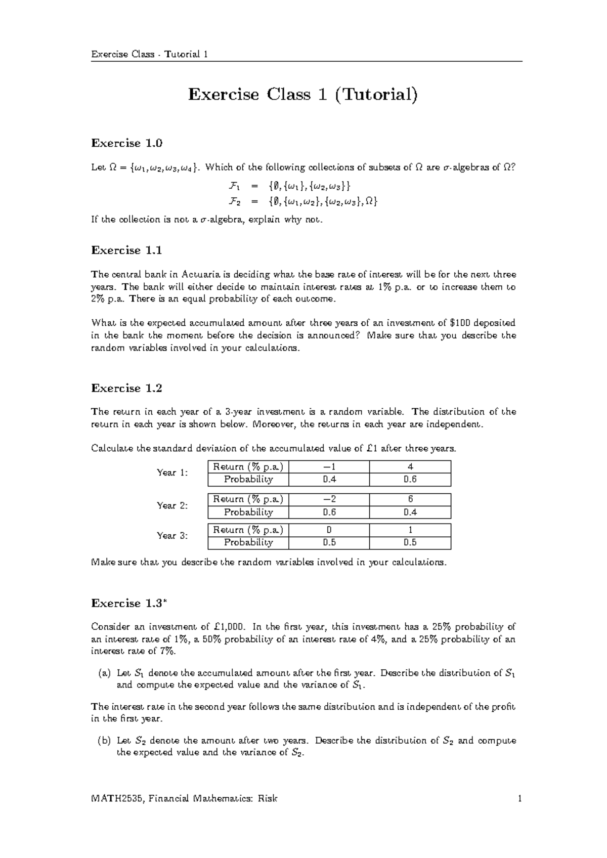 MATH 2535 Practise Questions Sheet 1 - Exercise Class - Tutorial 1 ...