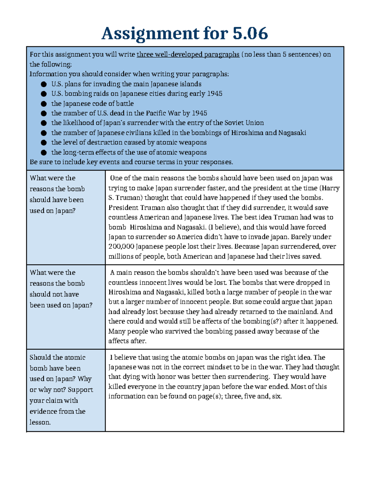 USH 5 - USH 5 - Assignment for 5. For this assignment you will write ...