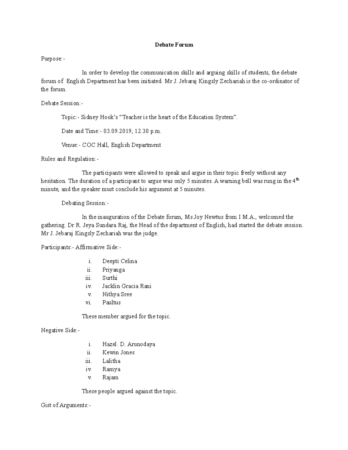 Debate Forum - Thank u - Debate Forum Purpose:- In order to develop the ...