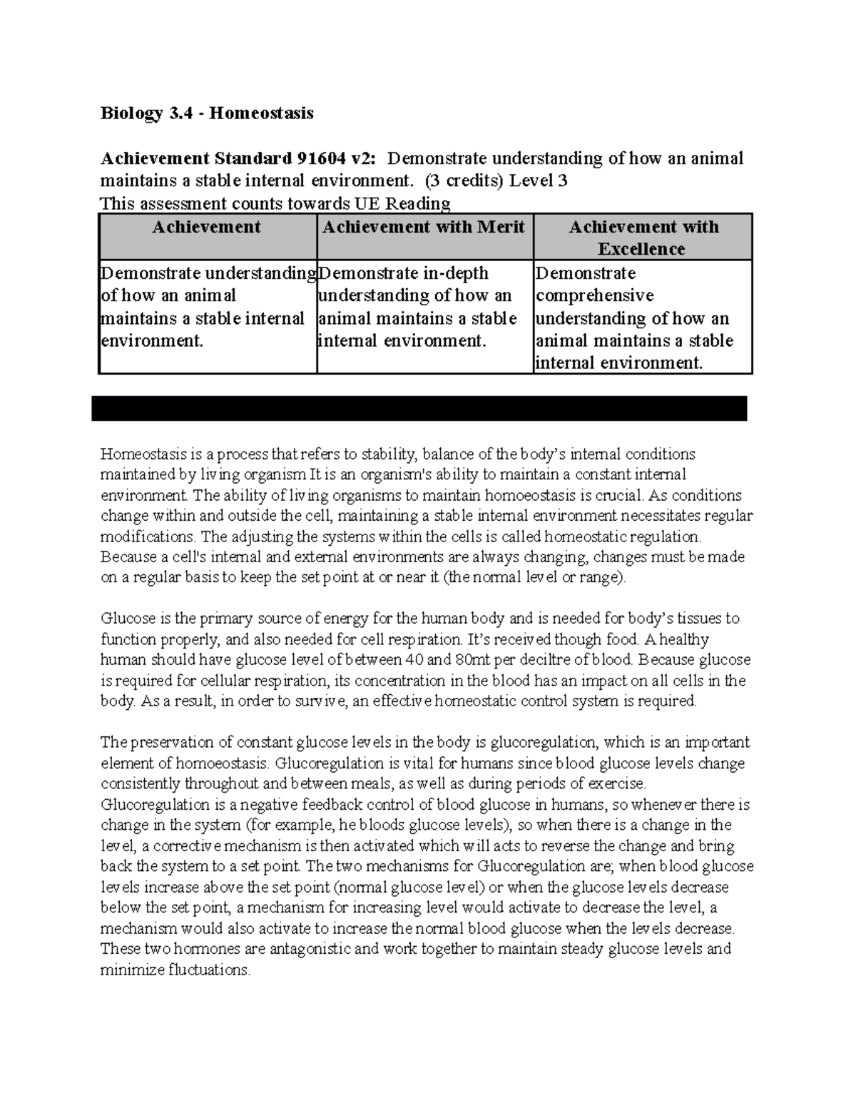 3.4 Homeostasis Student Write Up - Biology 3 - Homeostasis Achievement Standard 91604 v2: - Studocu