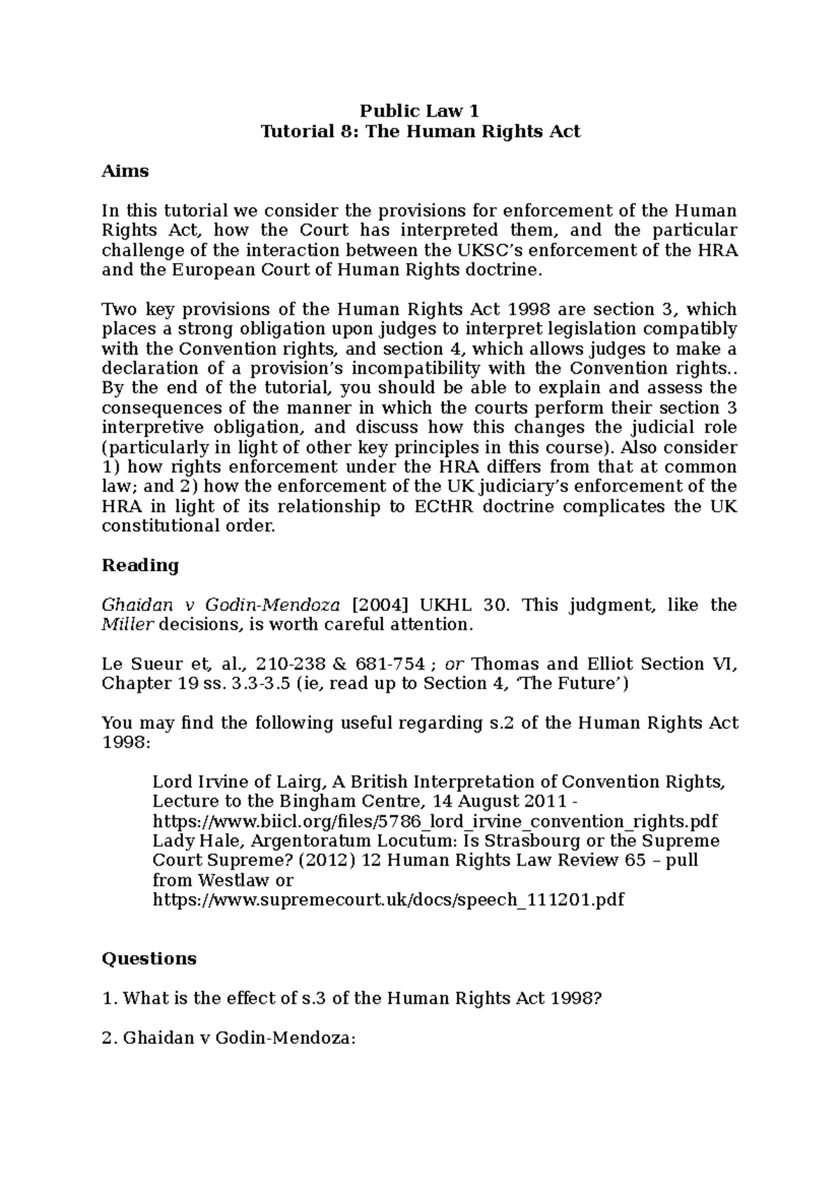 Tutorial 8 - the HRA - the HRA - Public Law 1 Tutorial 8: The Human ...