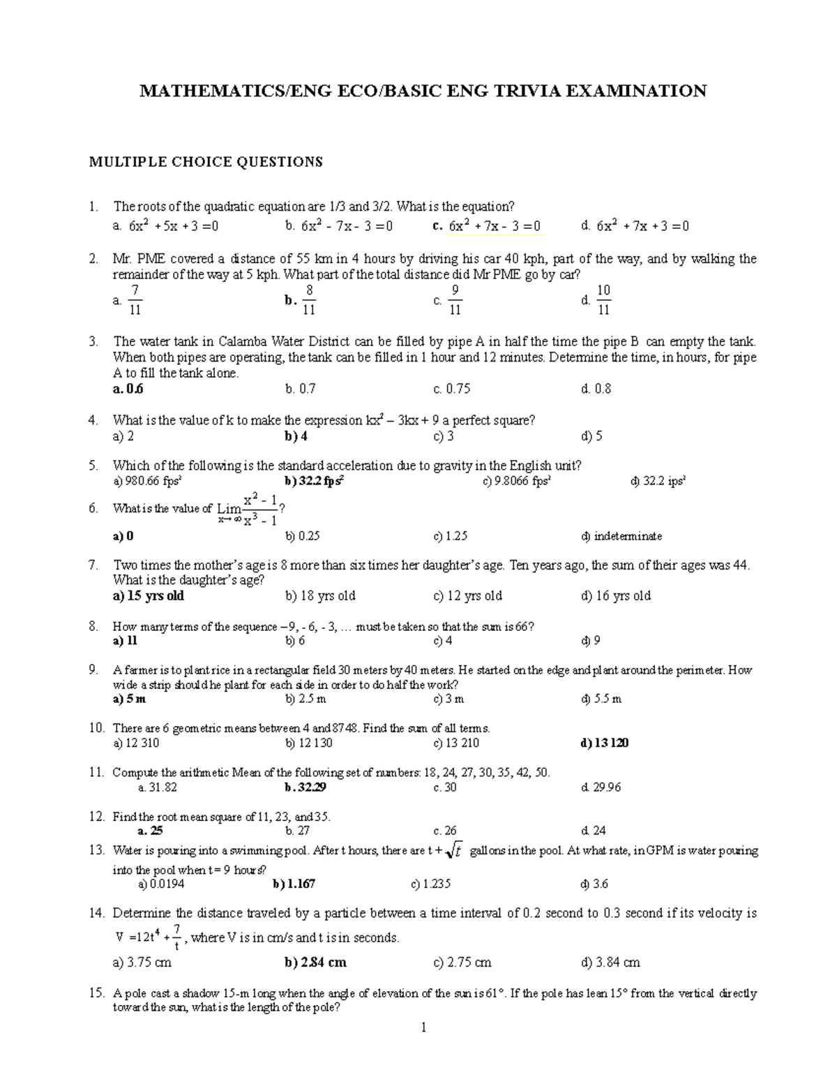 Mathematics ENG'G ECO Sample Problems - ENG TRIVIA EXAMINATION MULTIPLE CHOICE QUESTIONS 1. The ...