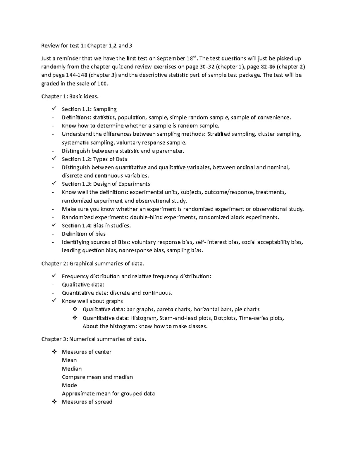Review-test1 - Summary Elementary Statistics - Review for test 1 ...