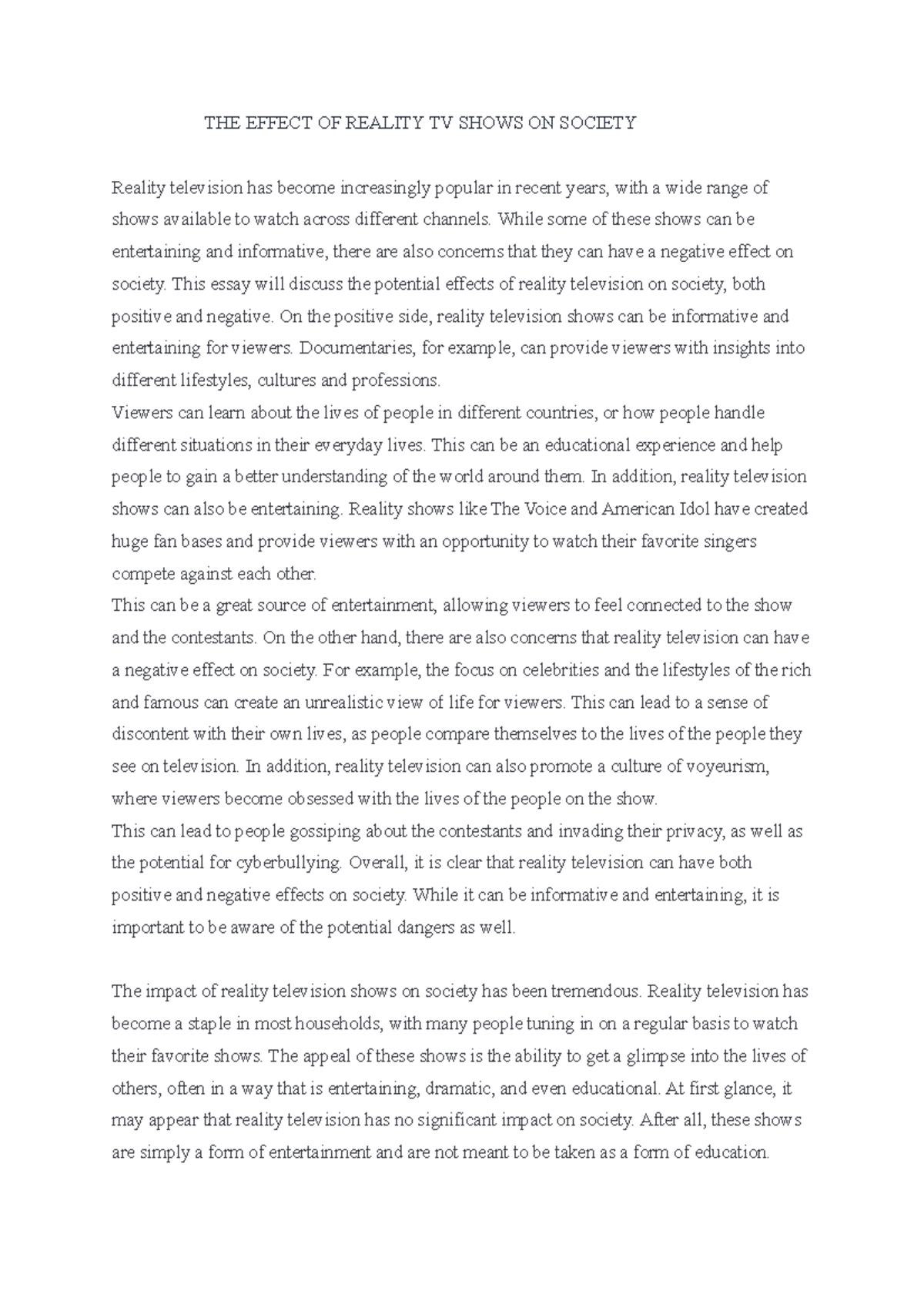 THE Effect OF Reality TV Shows ON Society - THE EFFECT OF REALITY TV ...