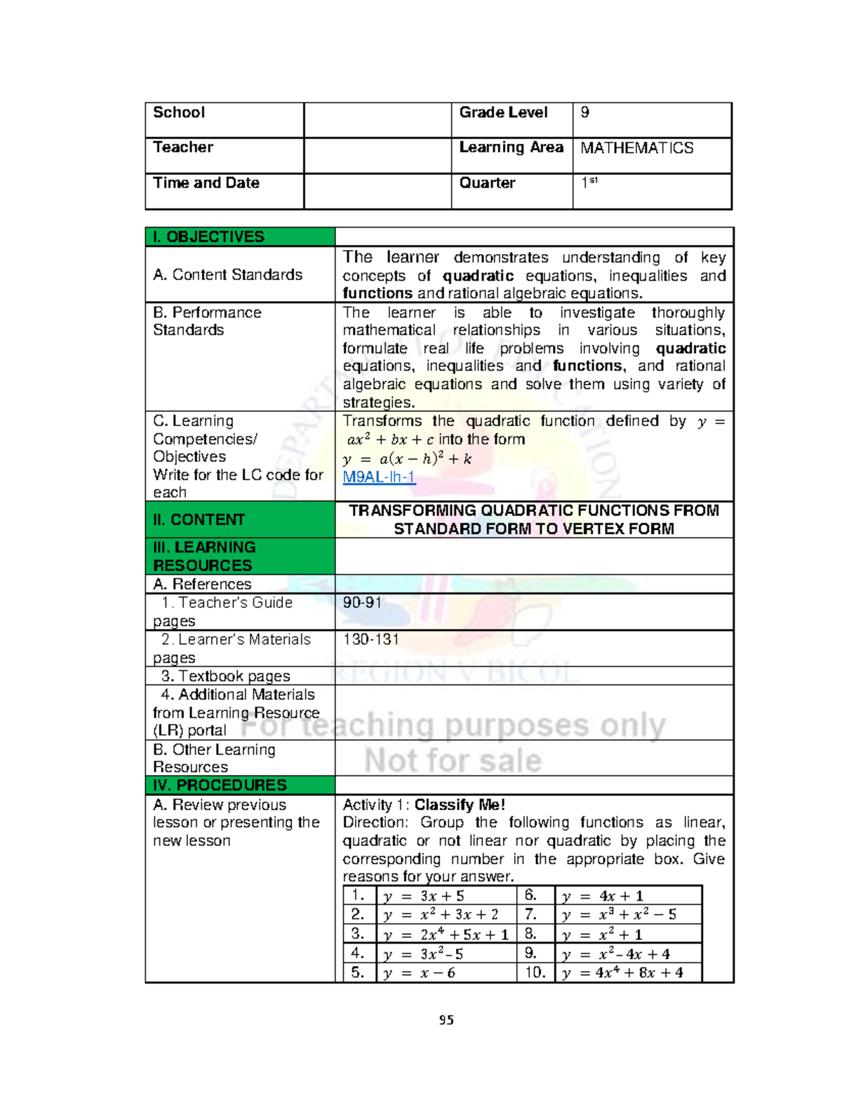 12-13 - math - School Grade Level 9 Teacher Learning Area MATHEMATICS ...