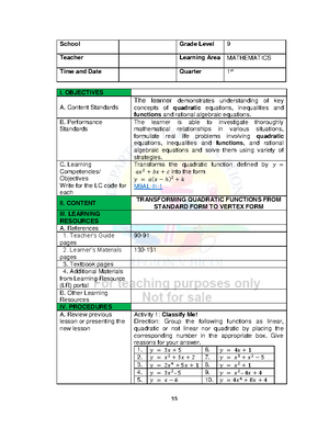 14B - Analyzing the Effects of Changing the Values of a, h and k of a Quadratic Function on its ...