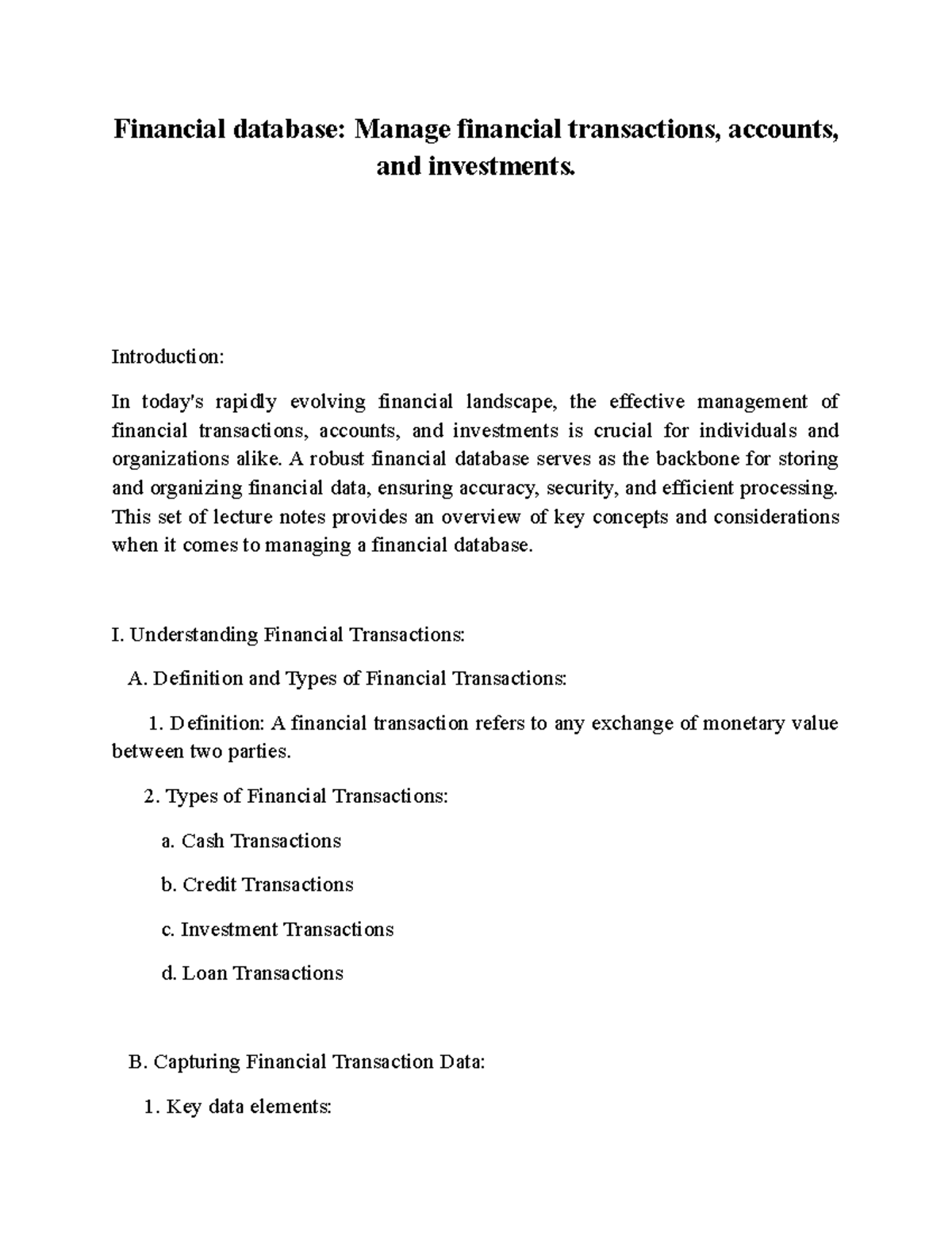 Financial Database Manage Financial Transactions Accounts And Investments Introduction In