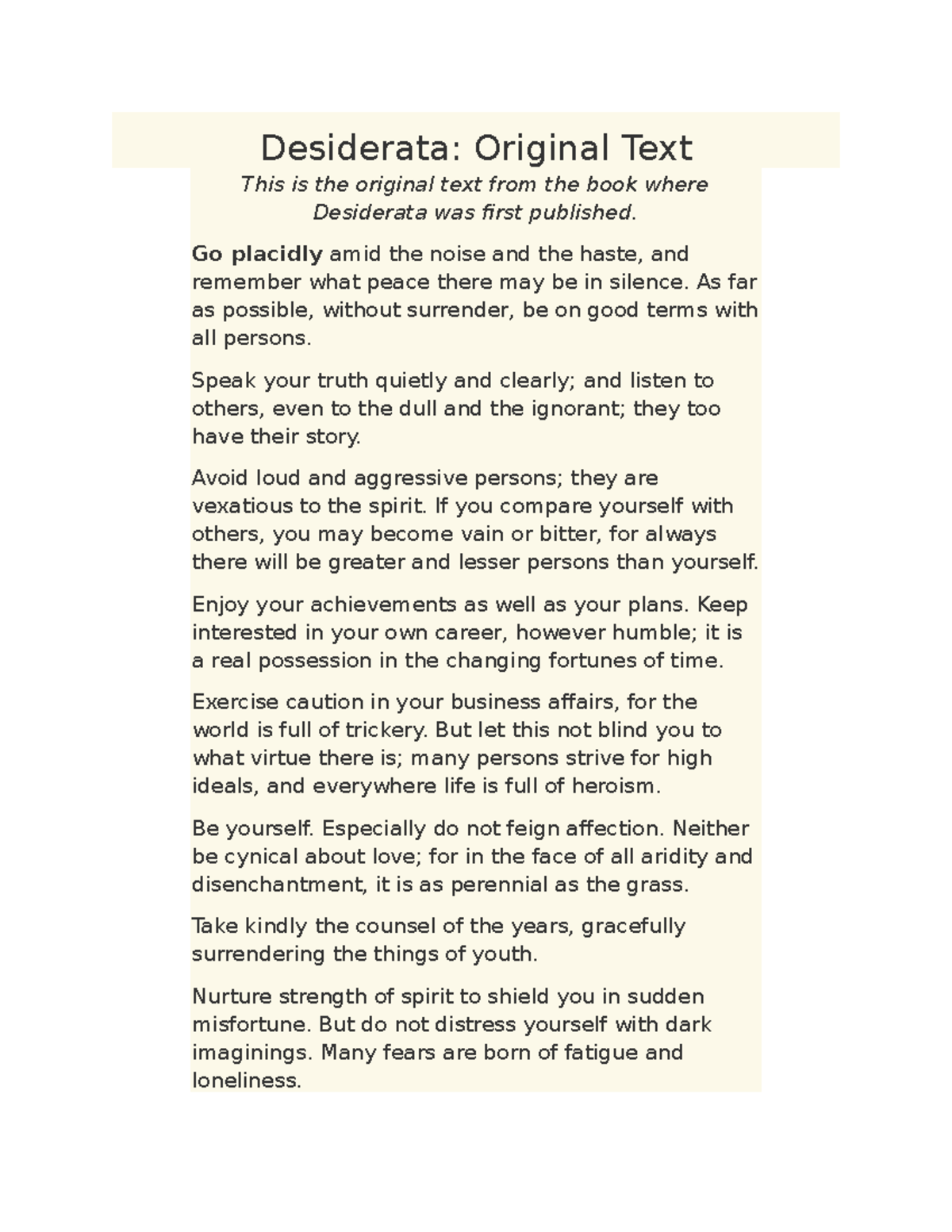 Desiderata - Lecture notes - Desiderata: Original Text This is the ...