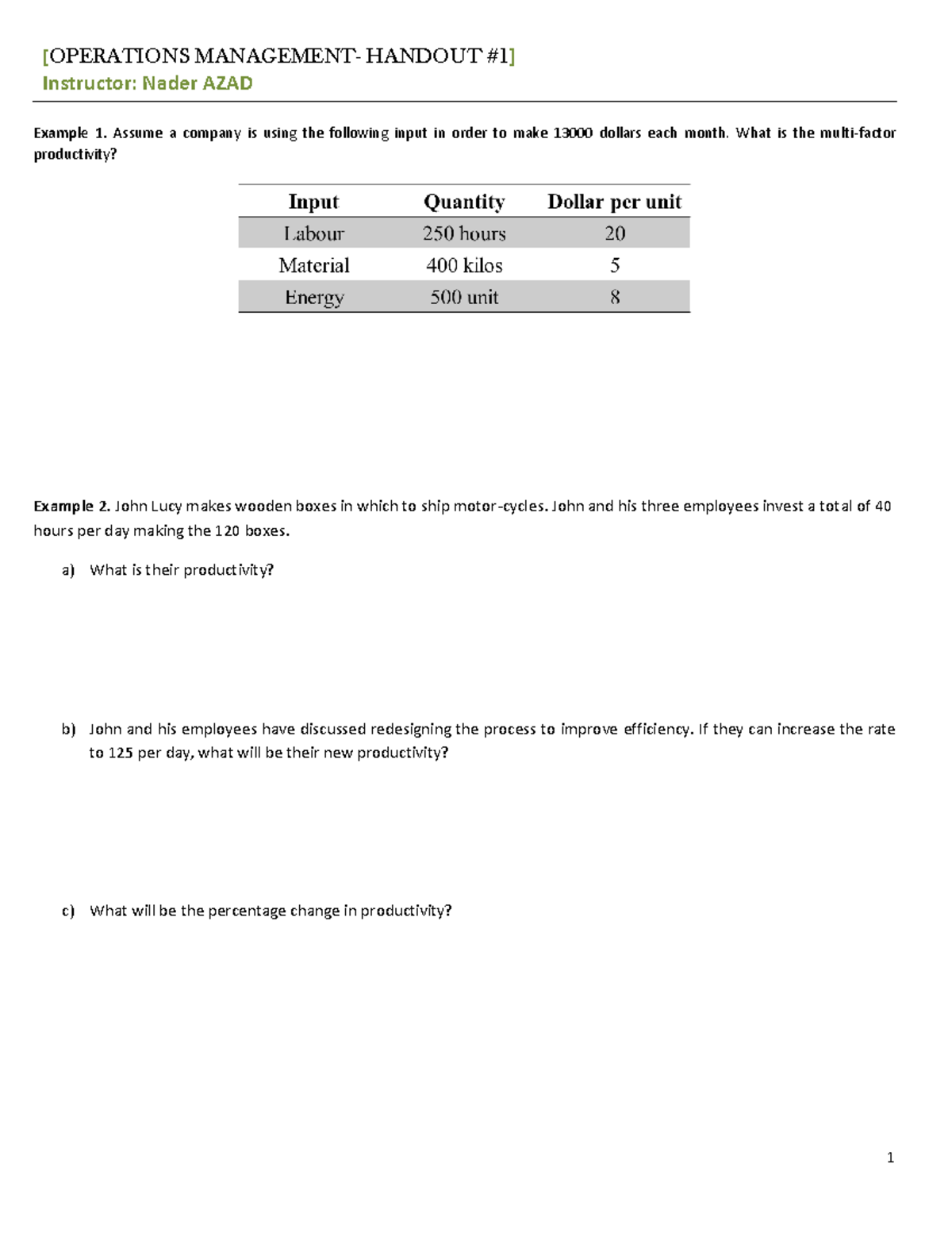 Handout-Week 1 - Examples - [OPERATIONS MANAGEMENT- HANDOUT # 1 ...