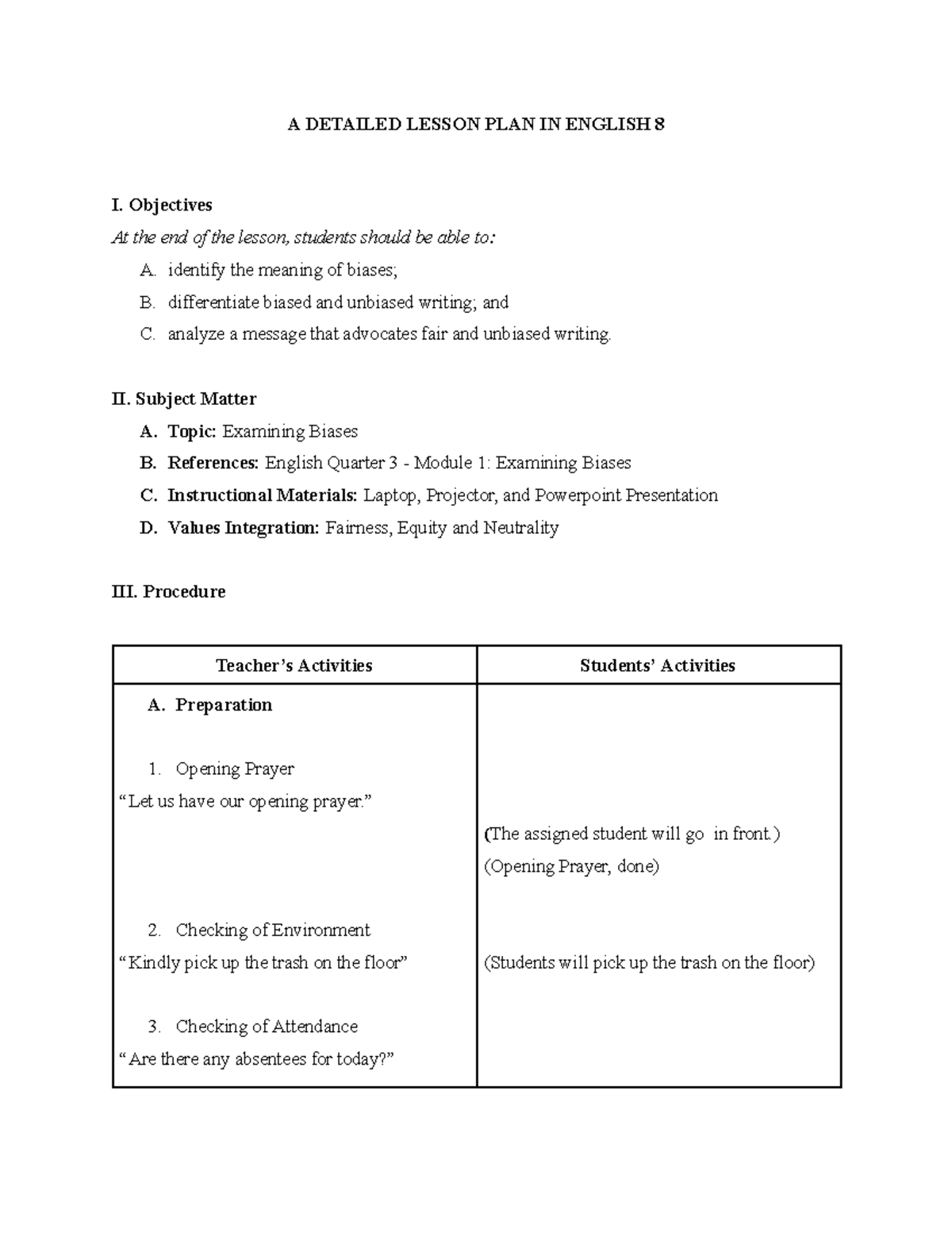 Detailed Lesson Plan In Examining Biases Pablo Desiree Kate A