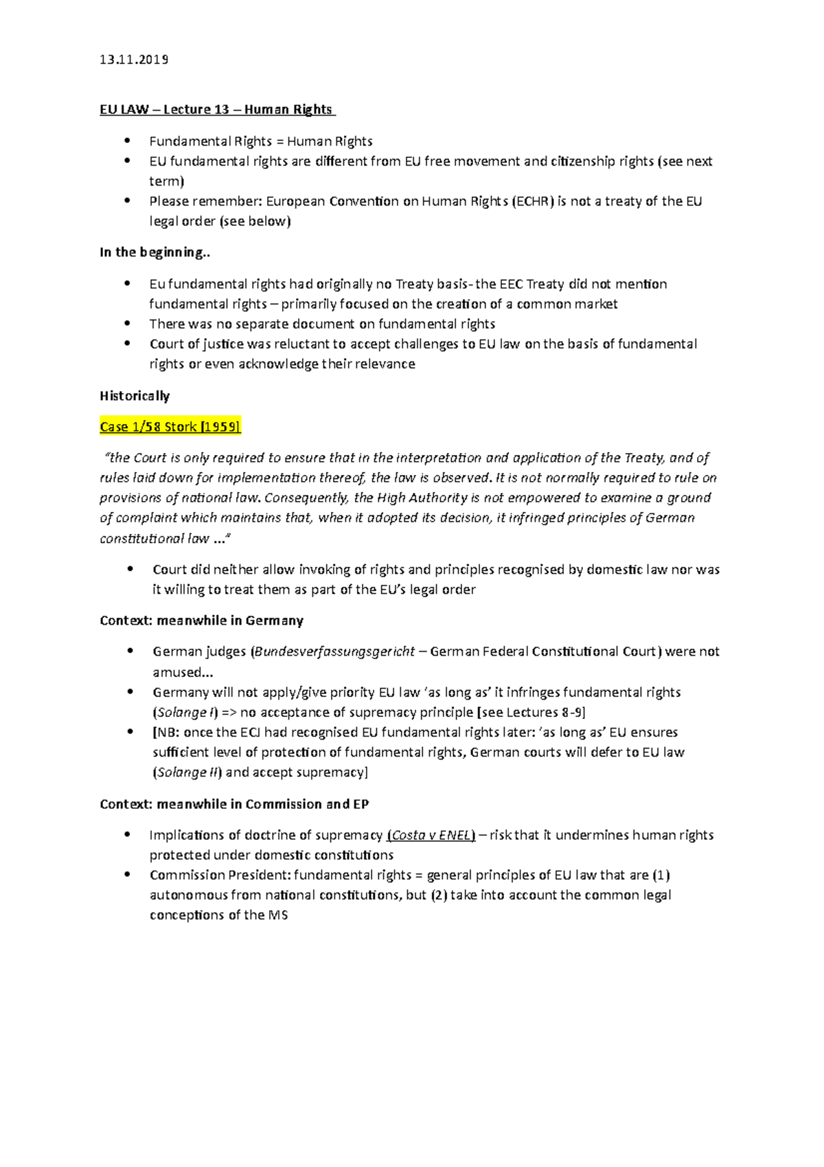 Human rights Notes - EU LAW – Lecture 13 – Human Rights Fundamental ...
