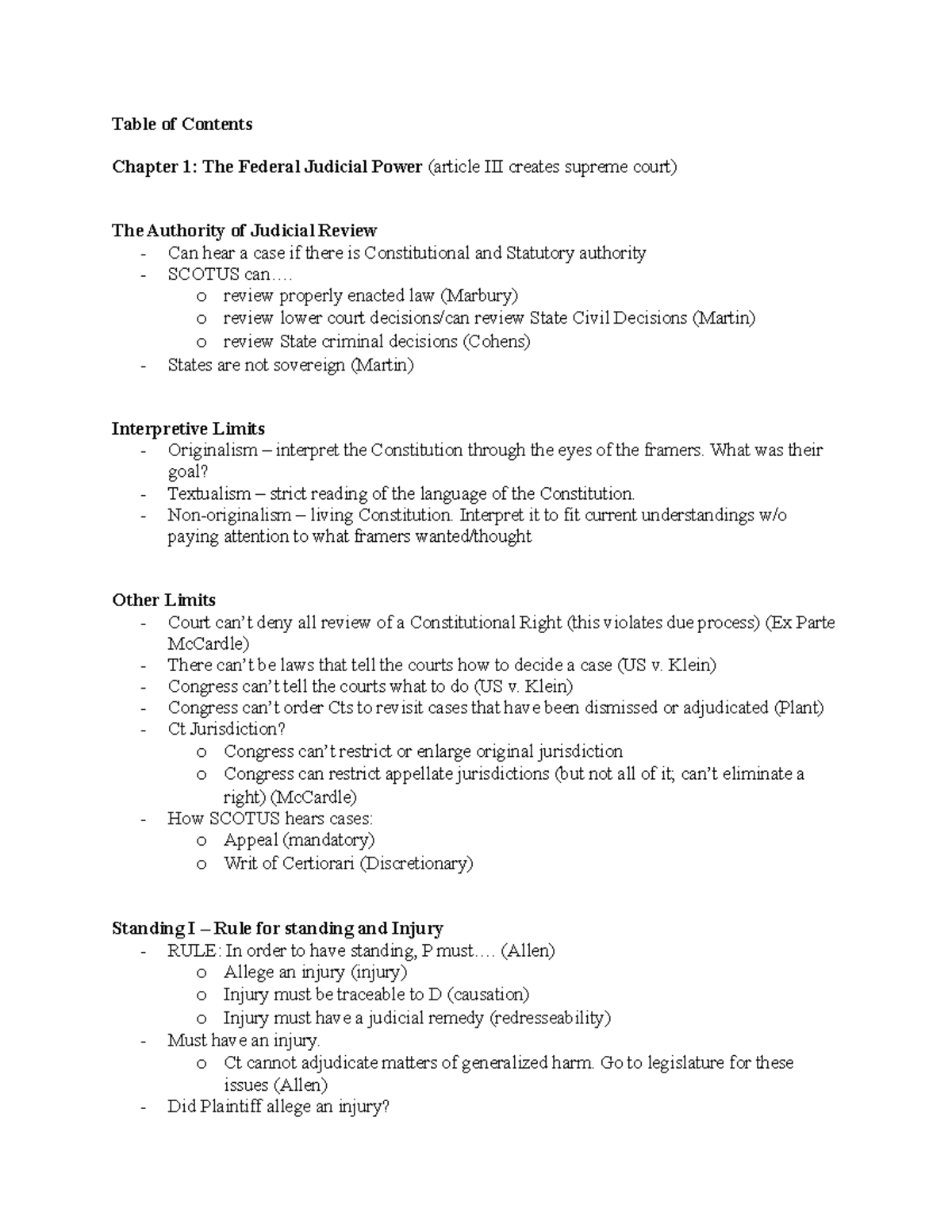 Con Law I - brief Outline - Table of Contents Chapter 1: The Federal ...