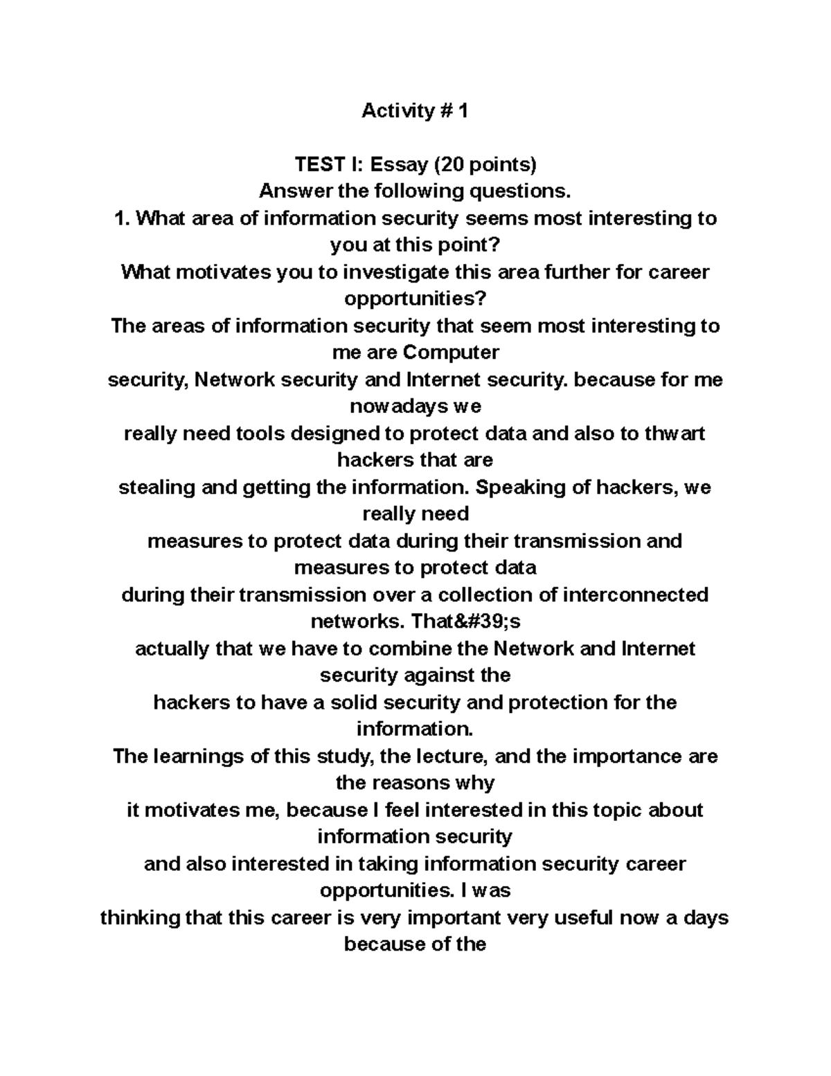 Activity 1 Information Security - Activity # 1 TEST I: Essay (20 points ...