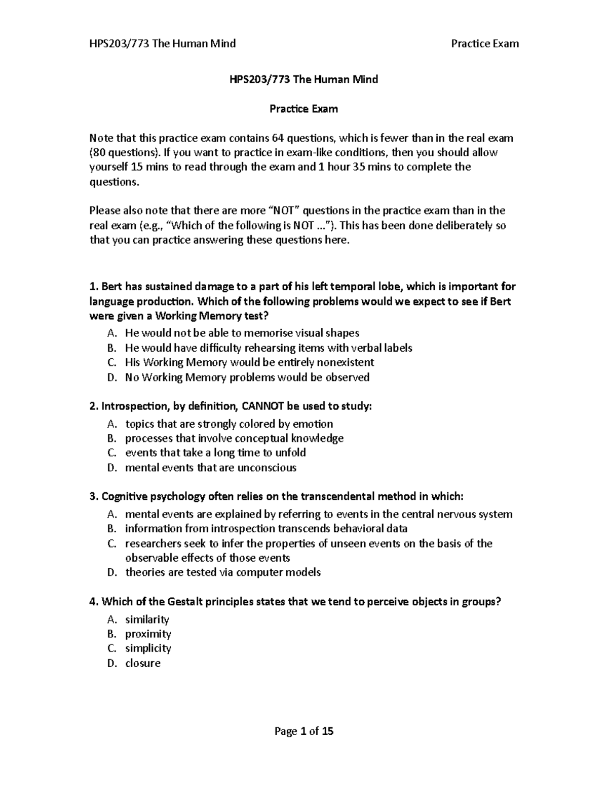 Practice exam 2018, questions and answers - HPS203/773 The Human Mind ...