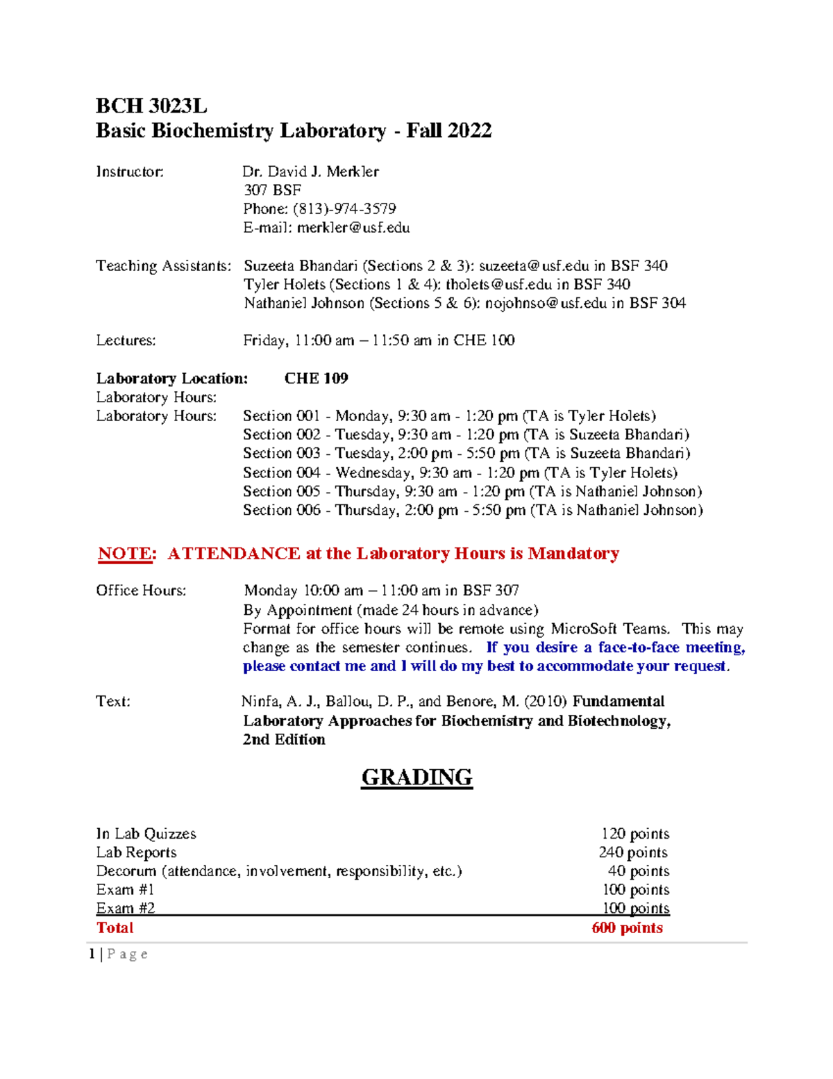 BCH3023L Fall 2022 Syllabus-1 - BCH 3023L Basic Biochemistry Laboratory ...