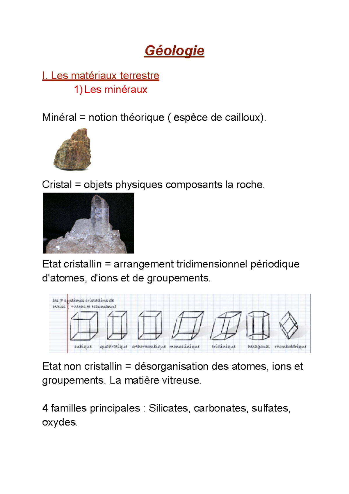 Les roches et minéraux - Géologie I. Les matériaux terrestre 1) Les ...