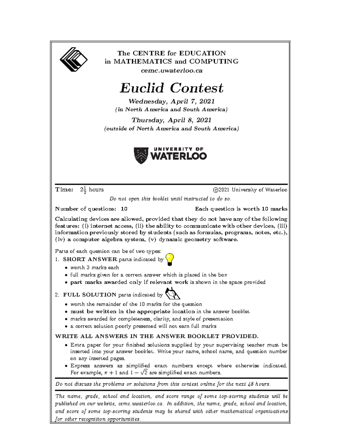 2021Euclid Contest - Fftttt - The CENTRE for EDUCATION in MATHEMATICS ...