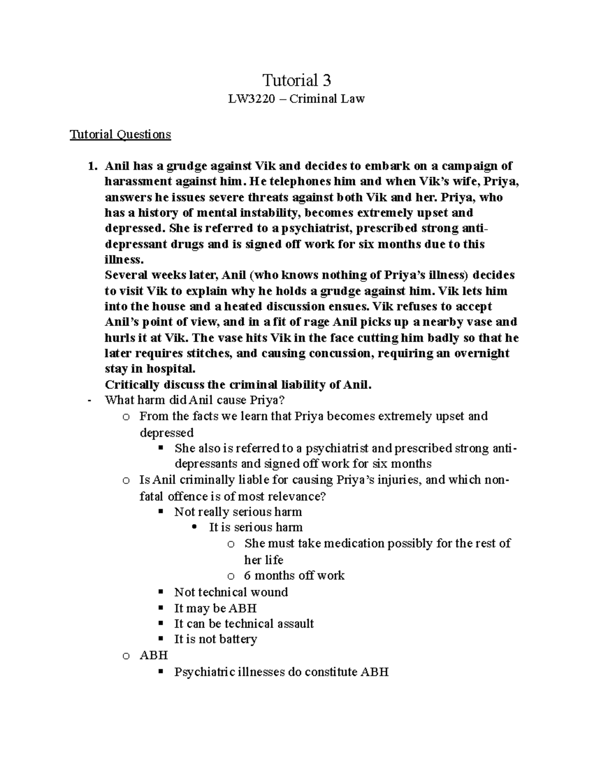 LW3220 - Tutorial 3 - Notes - Tutorial 3 LW3220 – Criminal Law Tutorial ...