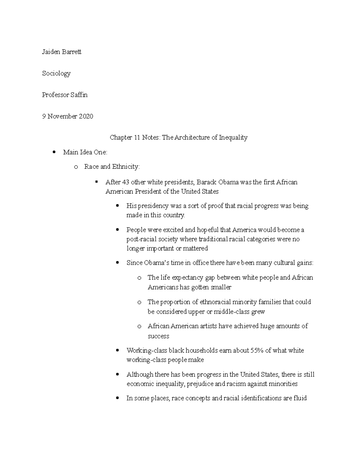 Chapter 11 Notes - Jaiden Barrett Sociology Professor Saffin 9 November ...